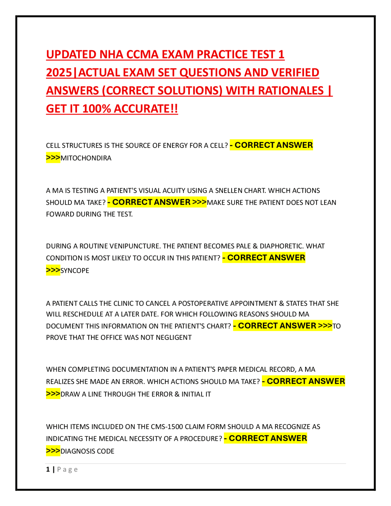 UPDATED NHA CCMA EXAM PRACTICE TEST 1 2025|ACTUAL EXAM SET QUESTIONS ...