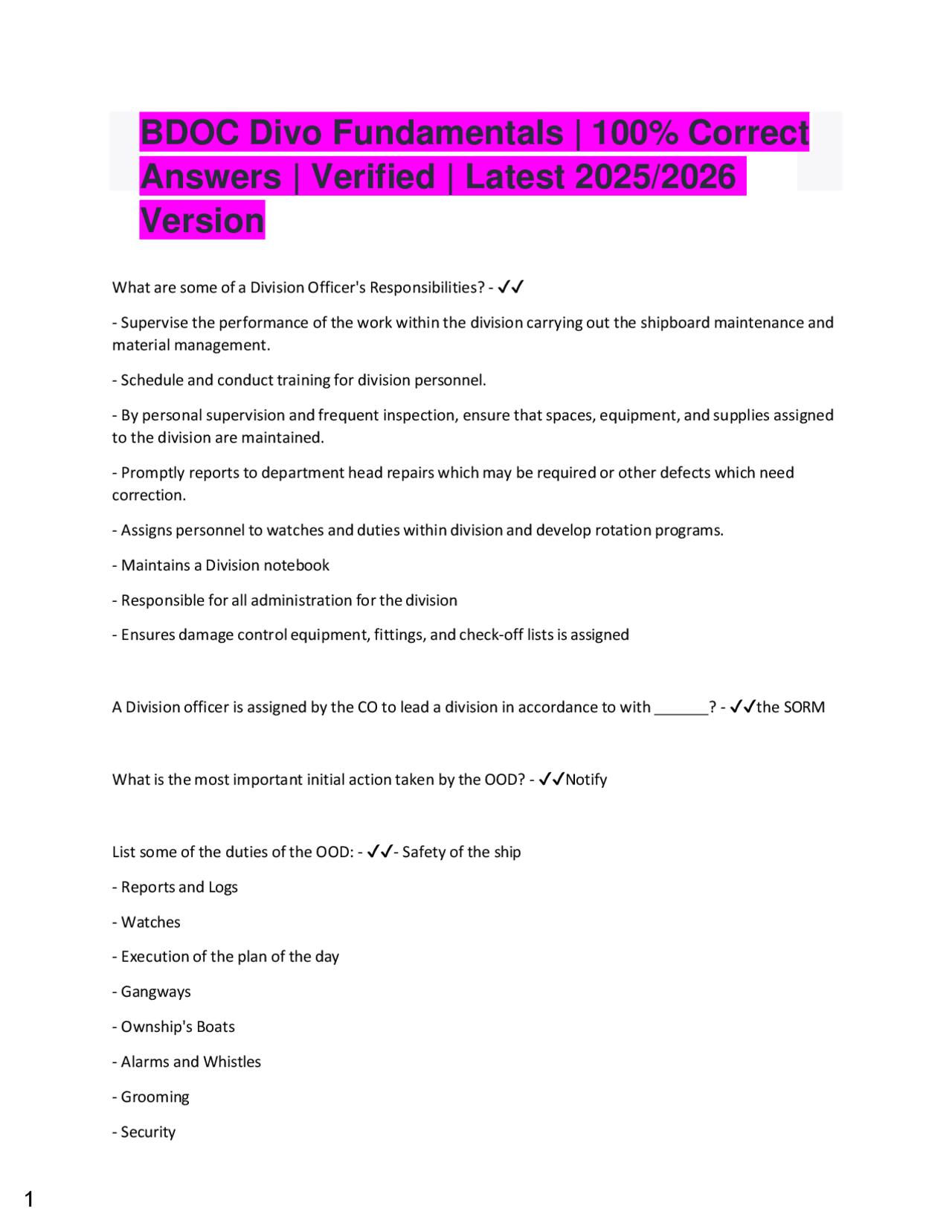 BDOC Divo Fundamentals | 100% Correct Answers | Verified | Latest 2025/ ...