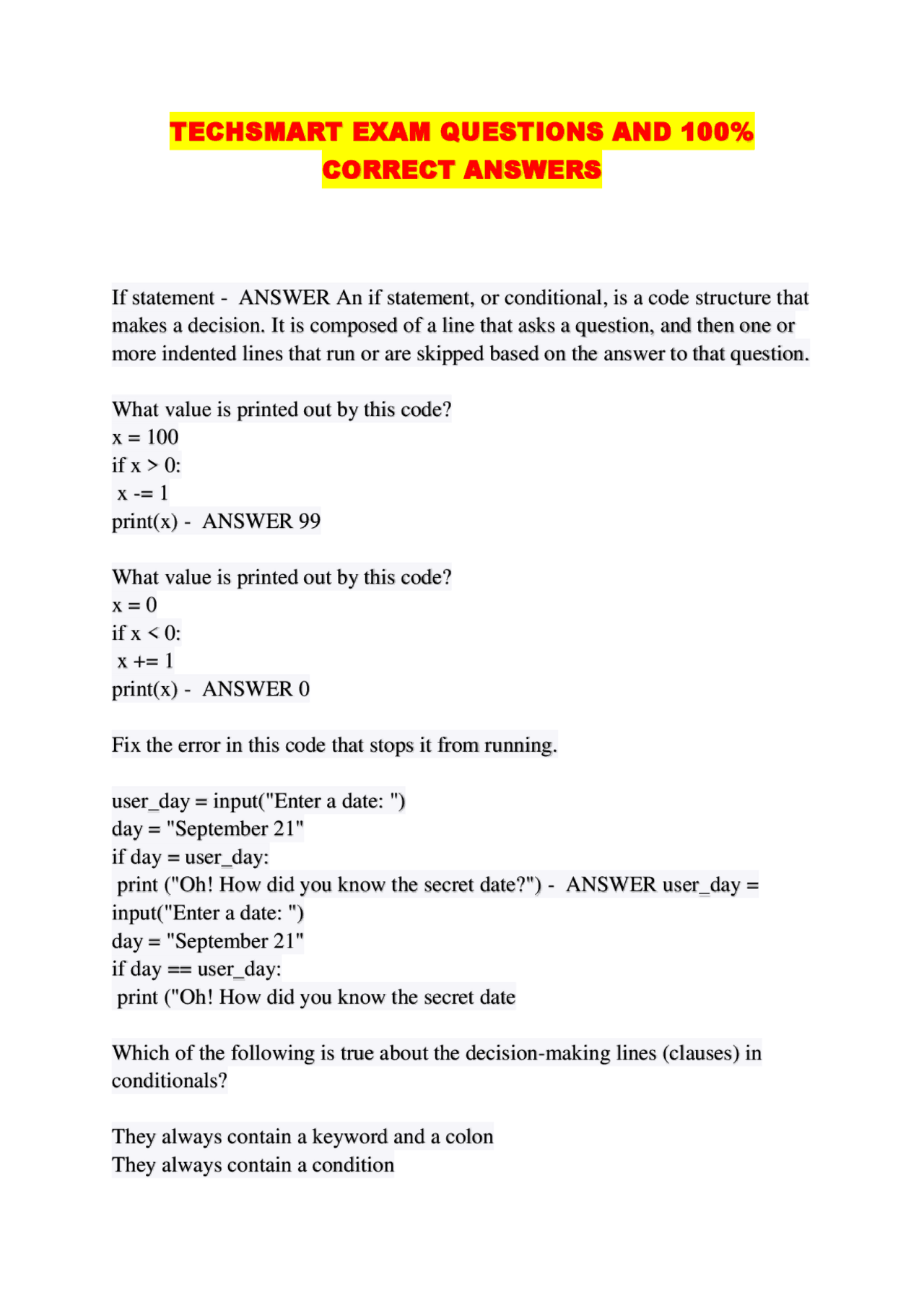 TECHSMART EXAM QUESTIONS AND 100% CORRECT ANSWERS | Exams Advanced Education | Docsity