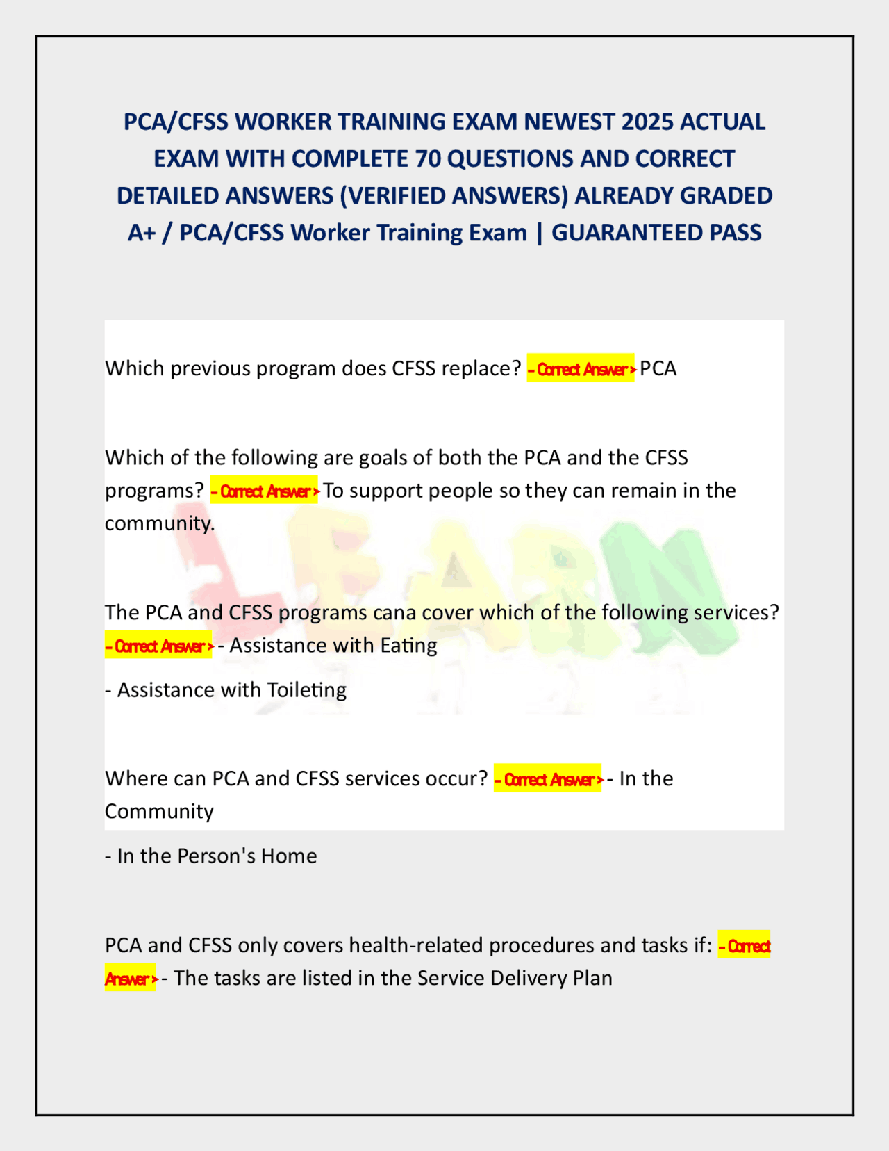 PCA/CFSS WORKER TRAINING EXAM NEWEST 2025 ACTUAL EXAM WITH COMPLETE 70 ...
