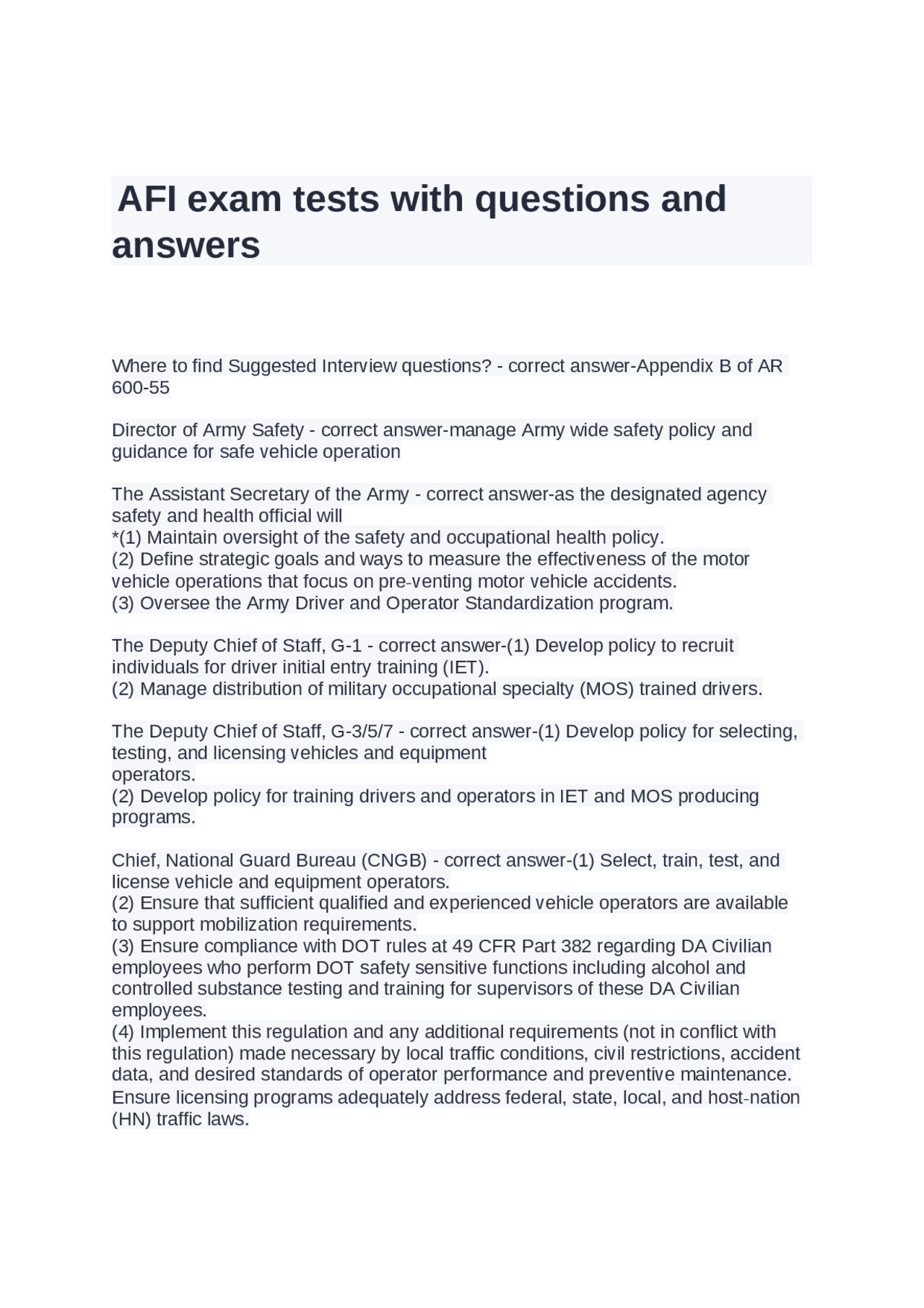 AFI exam tests with questions and answer | Exams Advanced Education ...