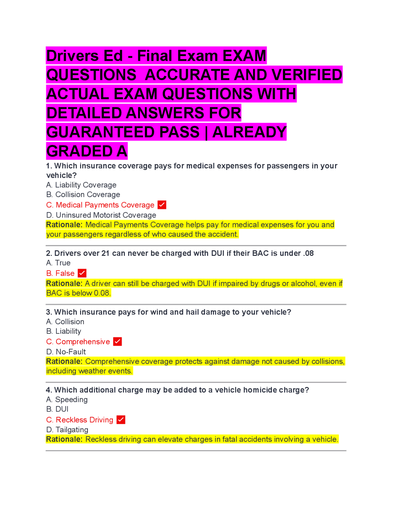 Drivers Ed - Final Exam EXAM QUESTIONS ACCURATE AND VERIFIED ACTUAL ...