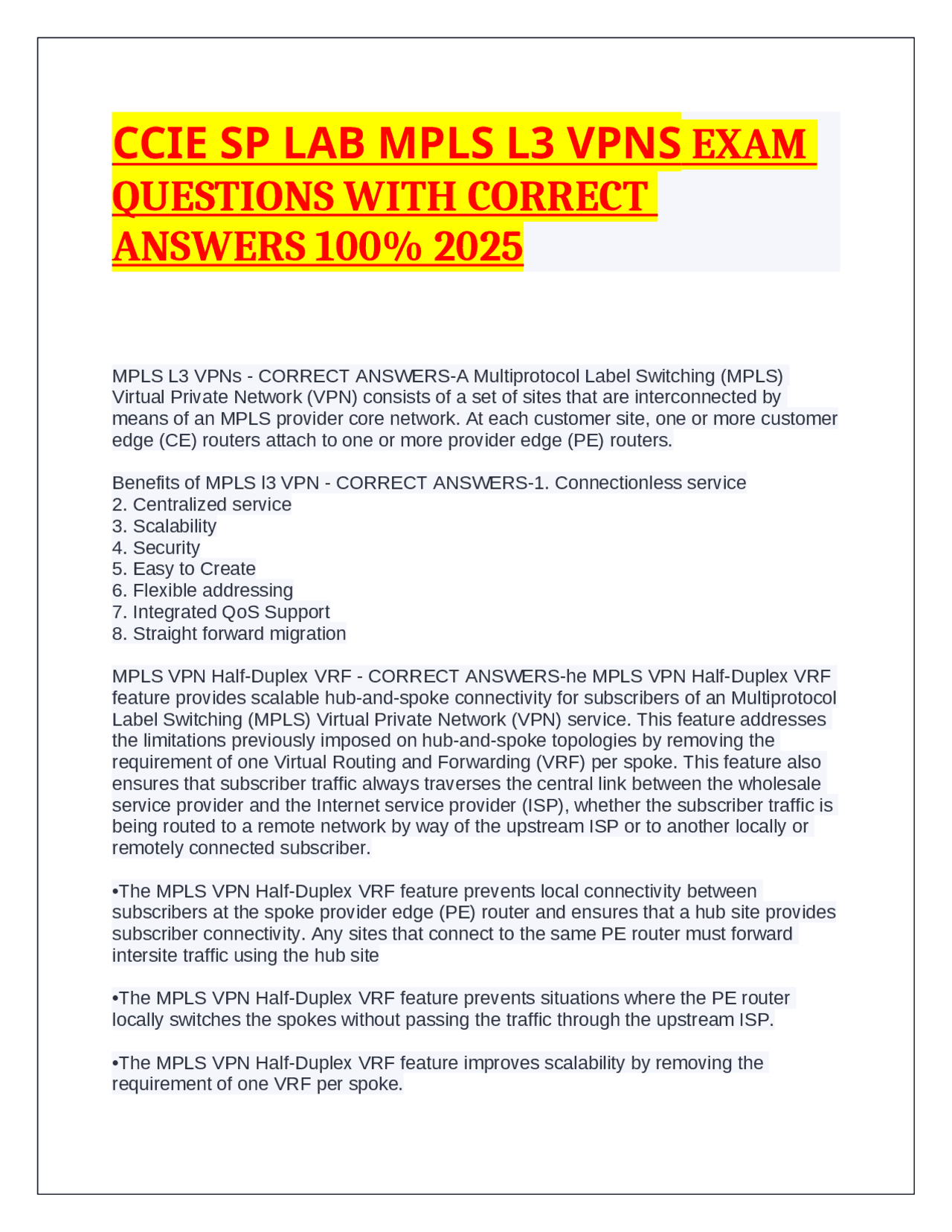 CCIE SP LAB MPLS L3 VPNS EXAM QUESTIONS WITH CORRECT ANSWERS 100% 2025 ...