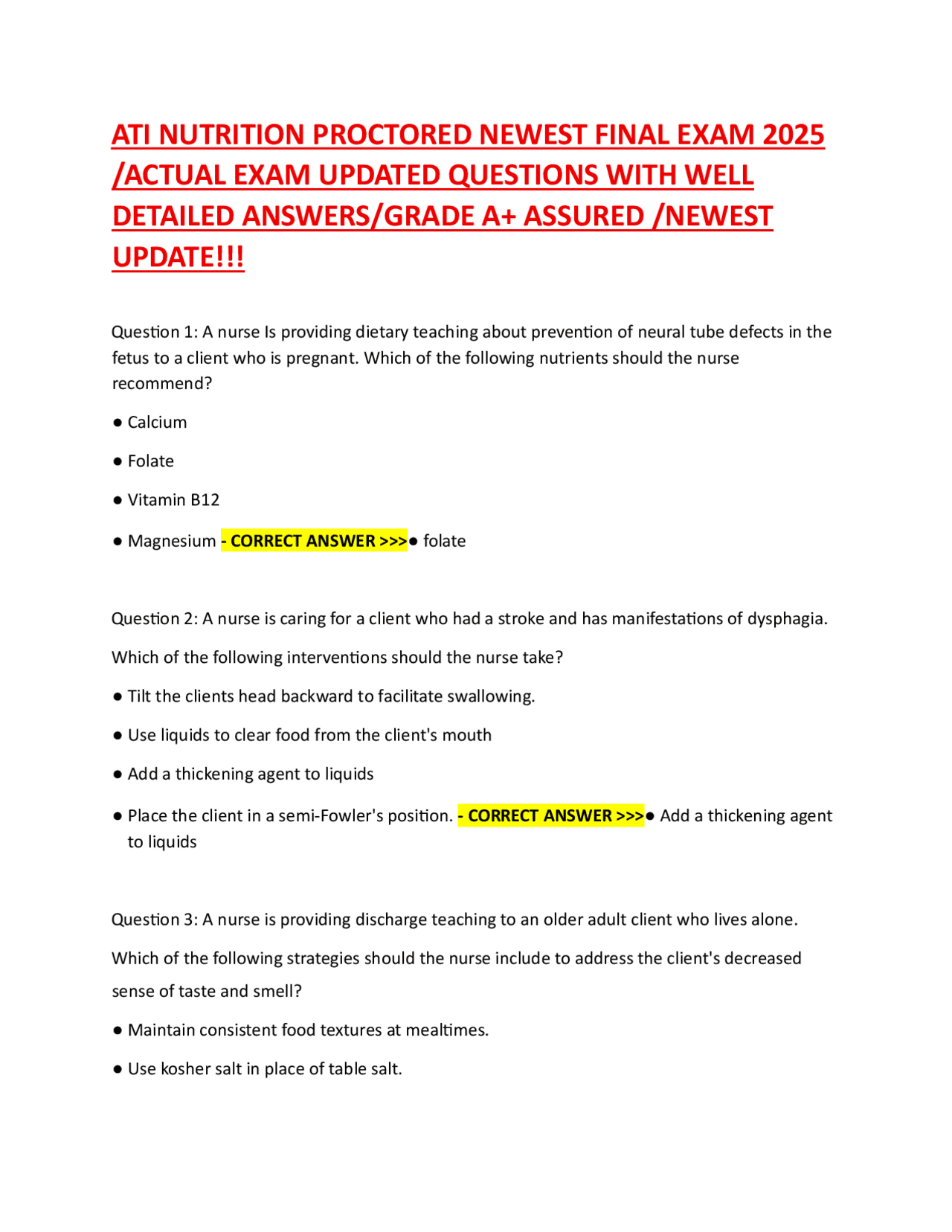 Nutrition Exam Questions and Answers for Healthcare Professionals ...