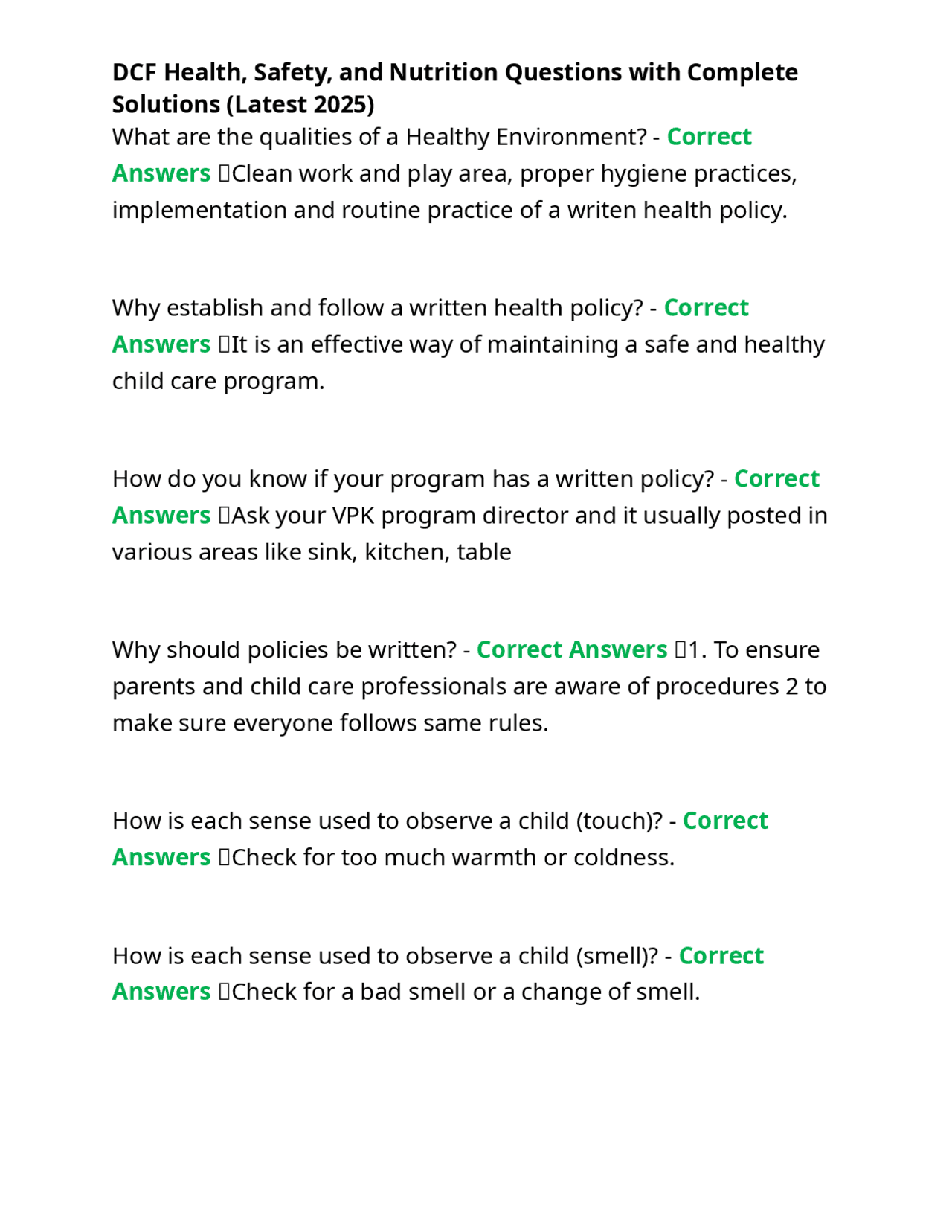 DCF Health, Safety, and Nutrition Questions with Complete Solutions ...