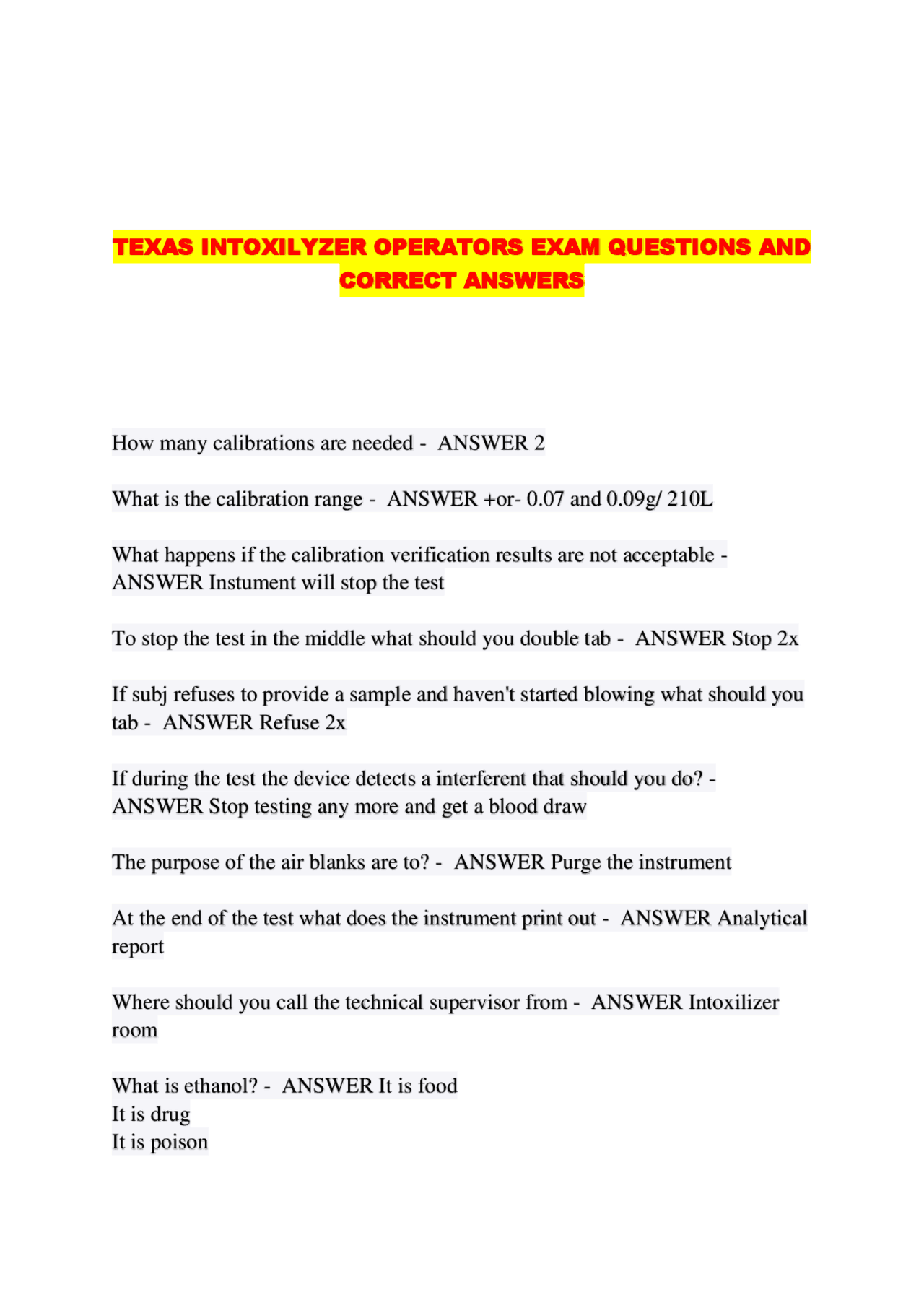 TEXAS INTOXILYZER OPERATORS EXAM QUESTIONS AND CORRECT ANSWERS | Exams ...