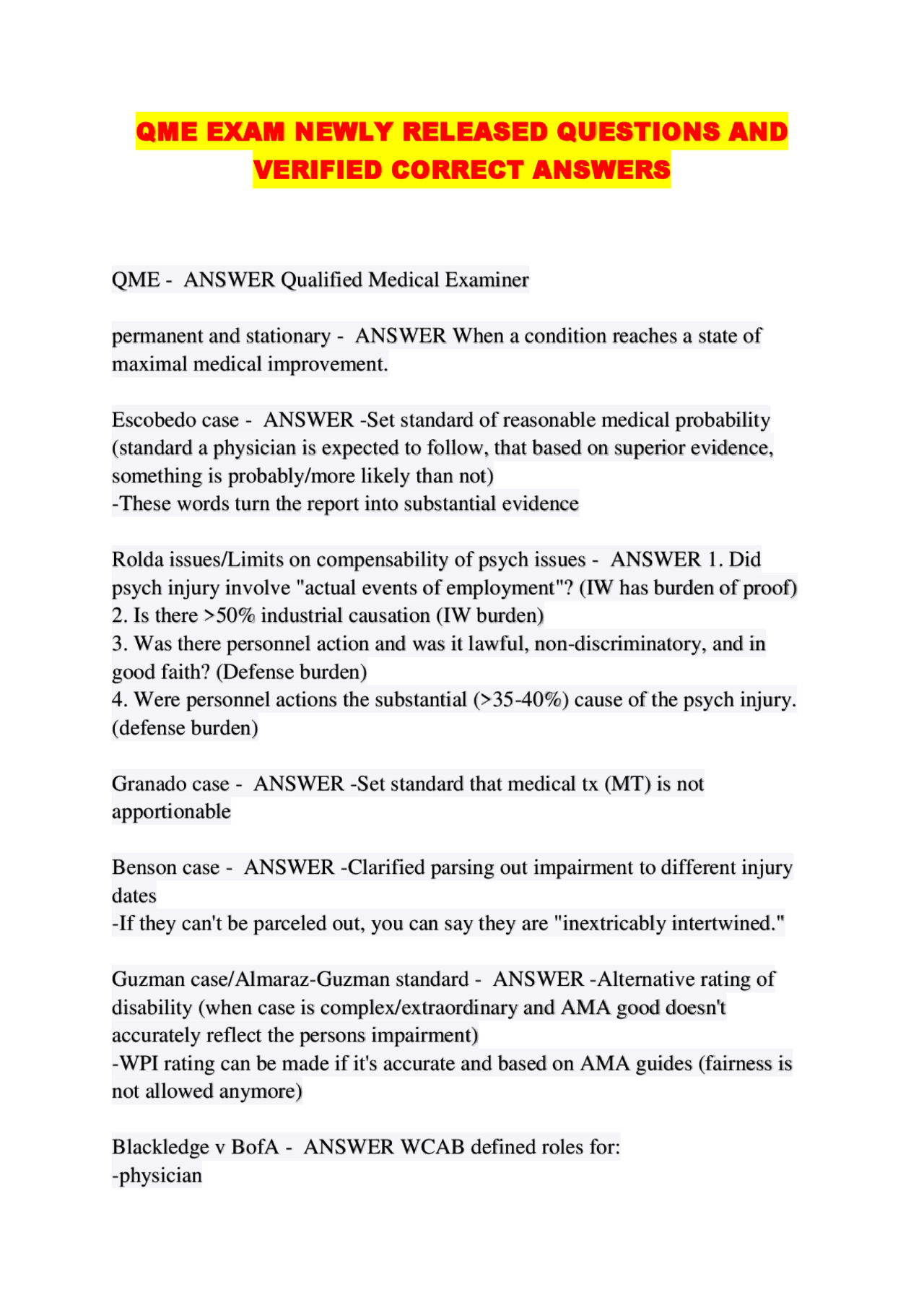 QME EXAM NEWLY RELEASED QUESTIONS AND VERIFIED CORRECT ANSWERS | Exams ...