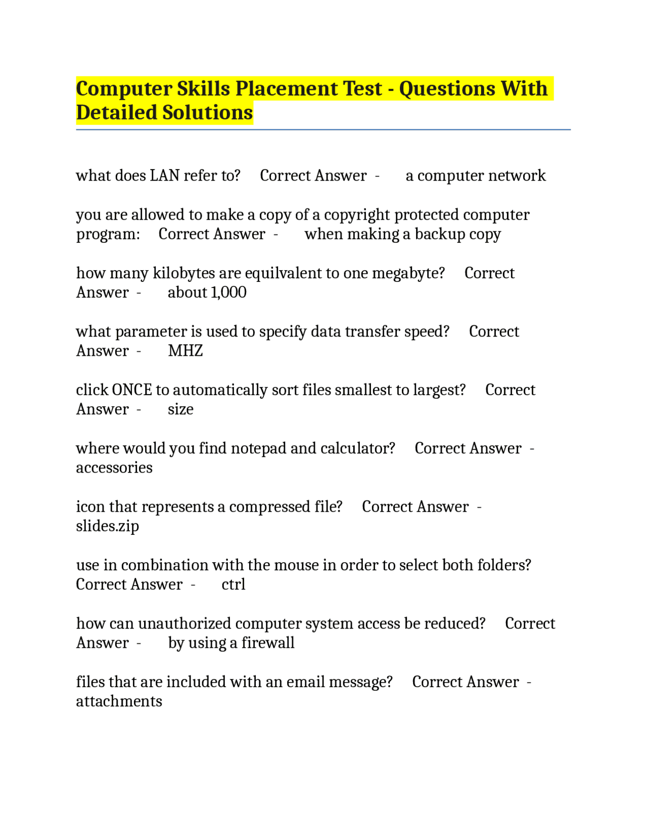 Computer Skills Placement Test - Questions With Detailed Solutions ...