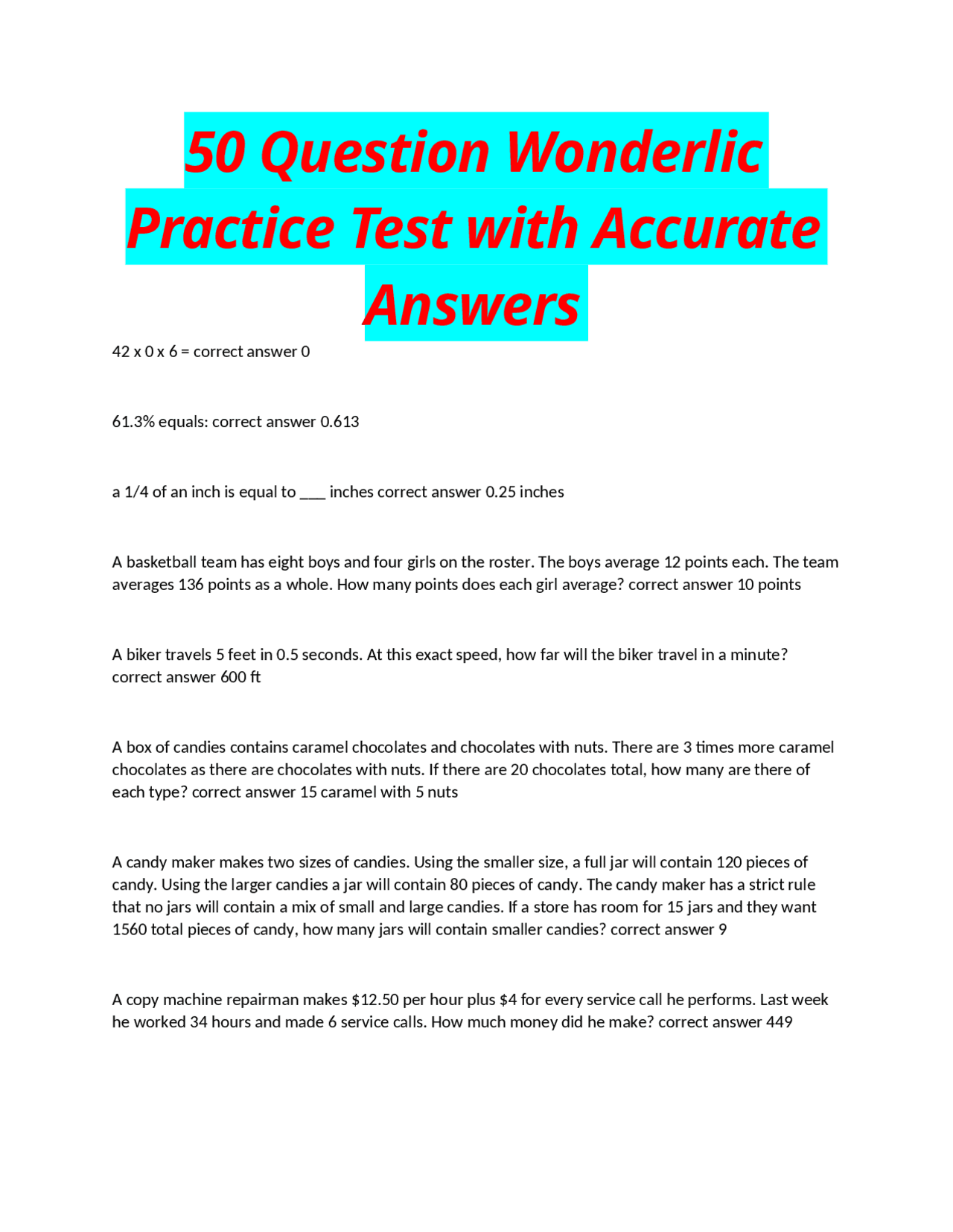 50 Question Wonderlic Practice Test with Accurate Answers | Exams ...