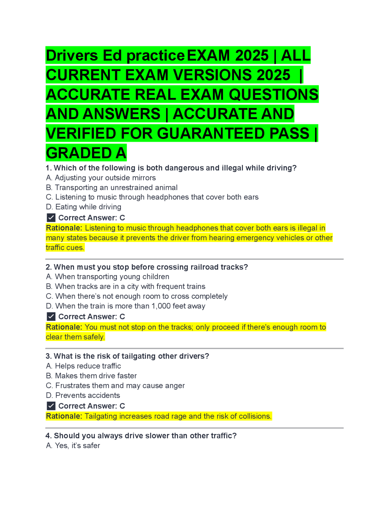 Drivers Ed practice EXAM 2025 | ALL CURRENT EXAM VERSIONS 2025 ...