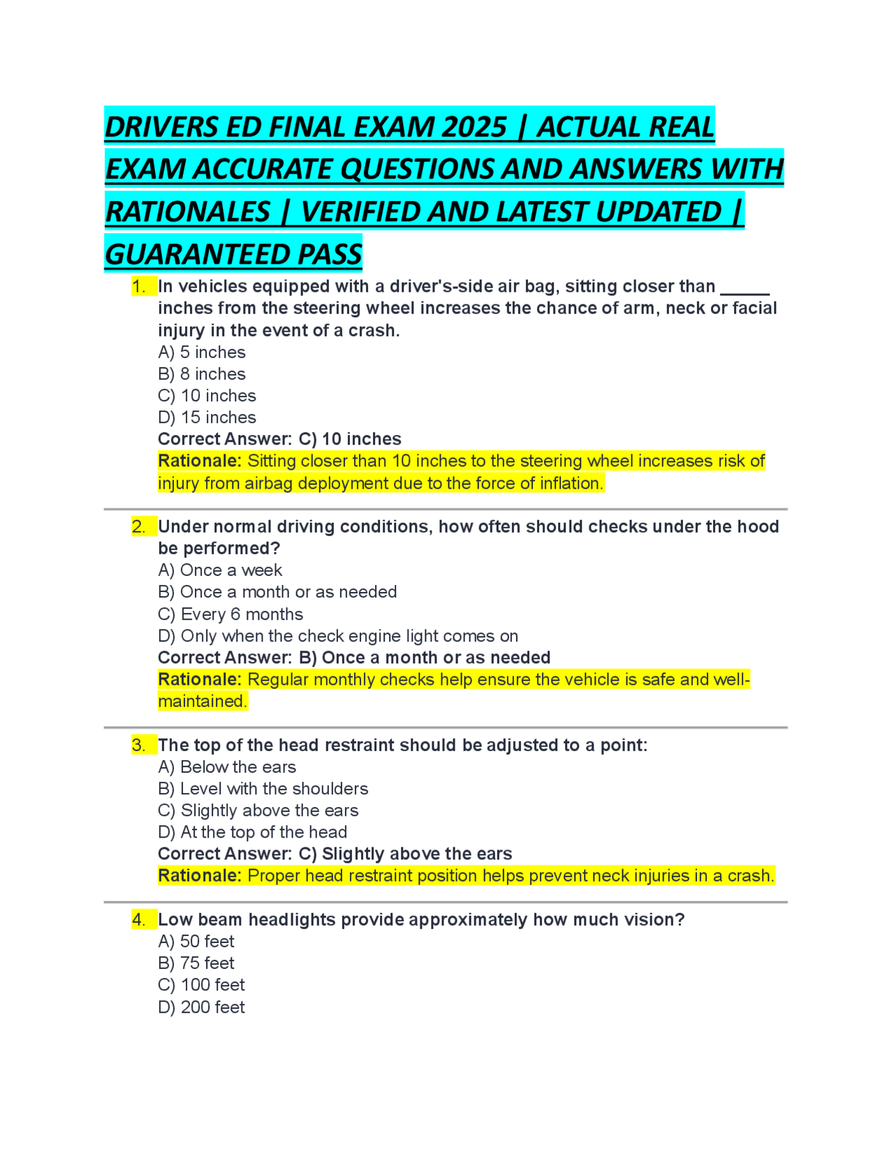 DRIVERS ED FINAL EXAM 2025 | ACTUAL REAL EXAM ACCURATE QUESTIONS AND ...