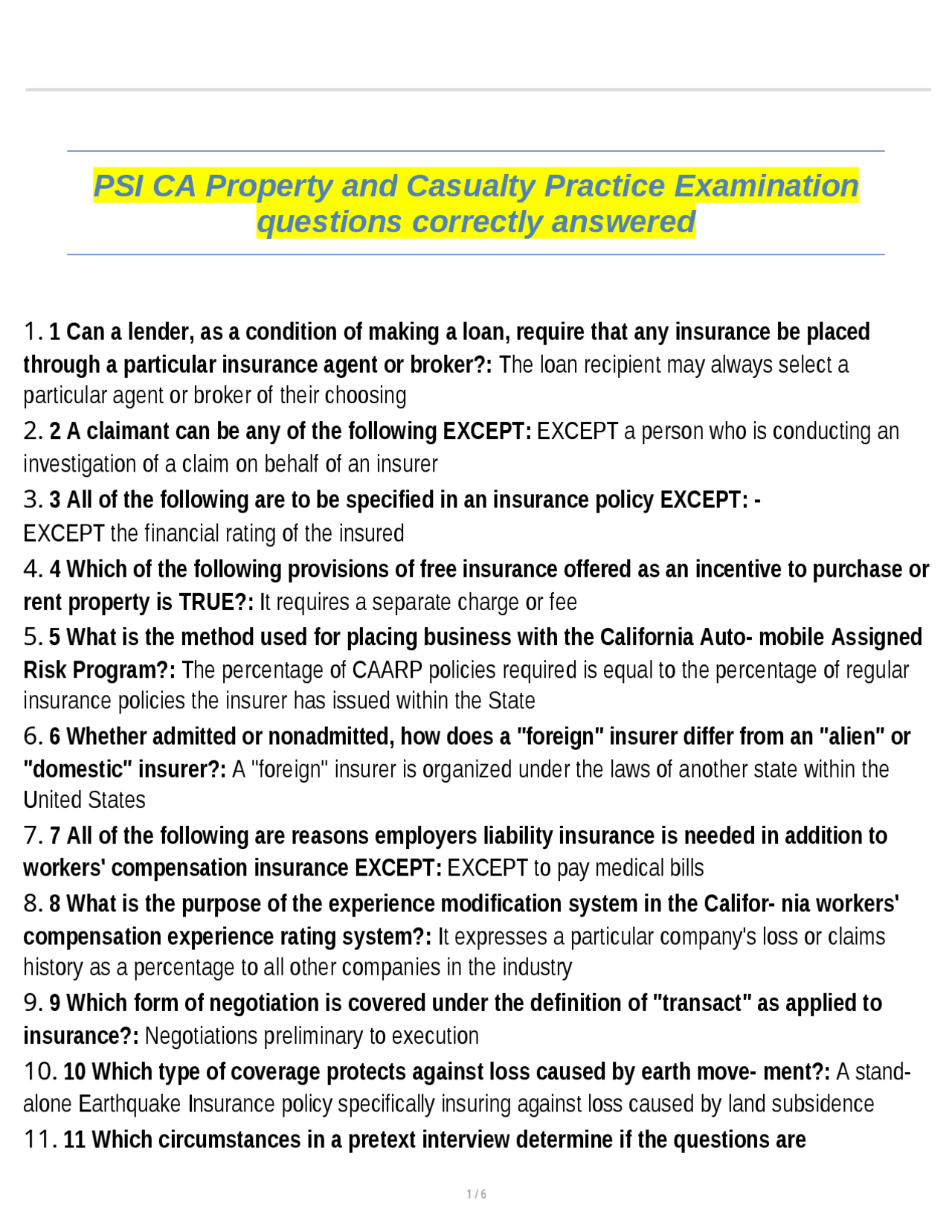 PSI CA Property and Casualty Practice Examination questions correctly ...