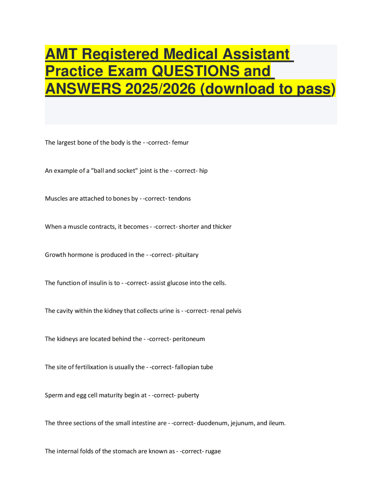 AMT Registered Medical Assistant Practice Exam QUESTIONS and ANSWERS ...