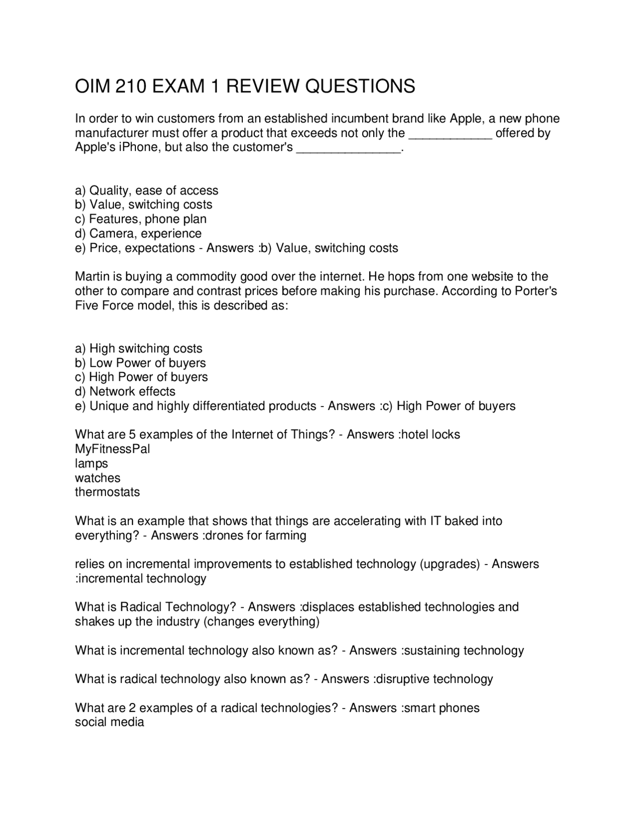 OIM 210 Exam 1 Review: Information Systems and Competitive Advantage ...