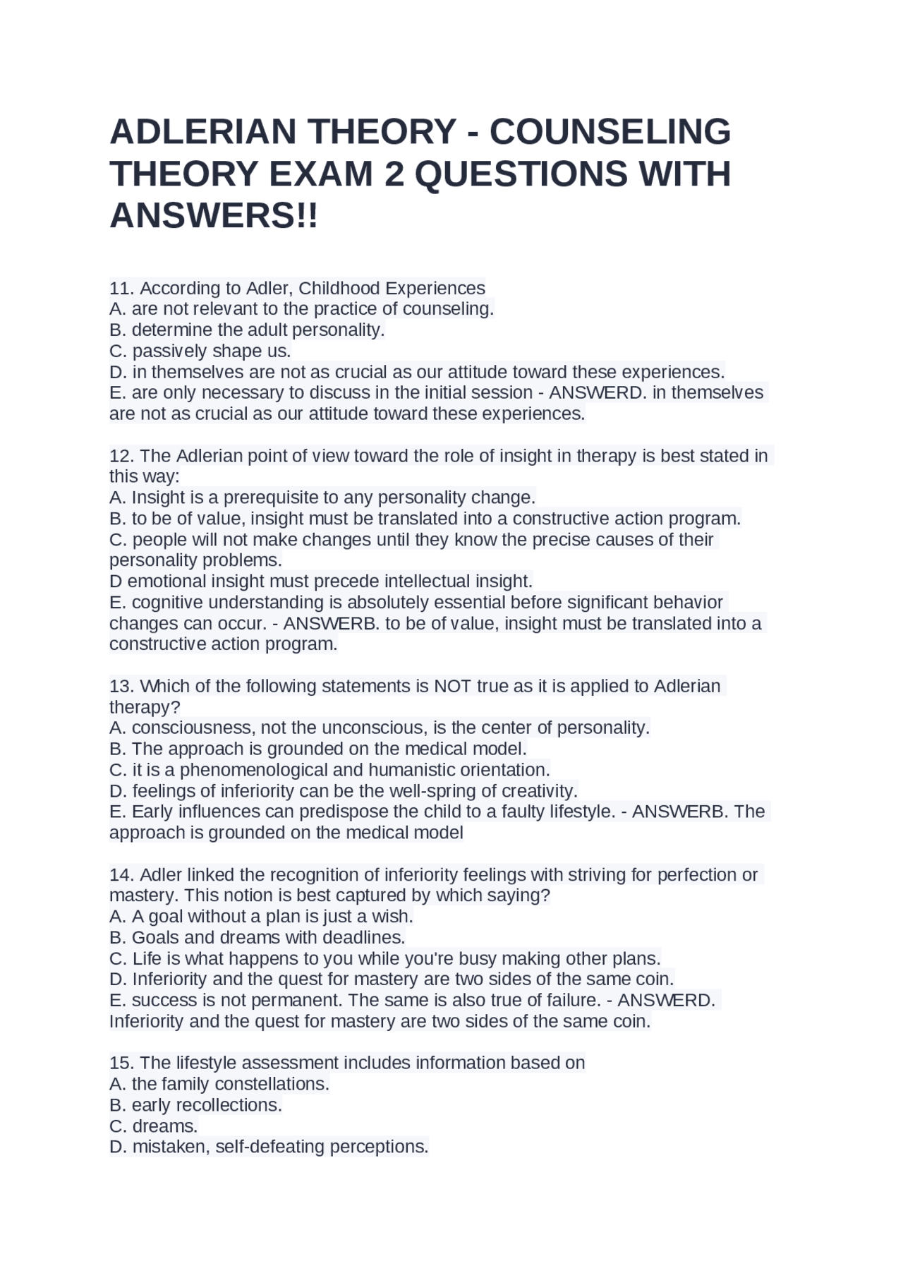 ADLERIAN THEORY - COUNSELING THEORY EXAM 2 QUESTIONS WITH ANSWERS ...