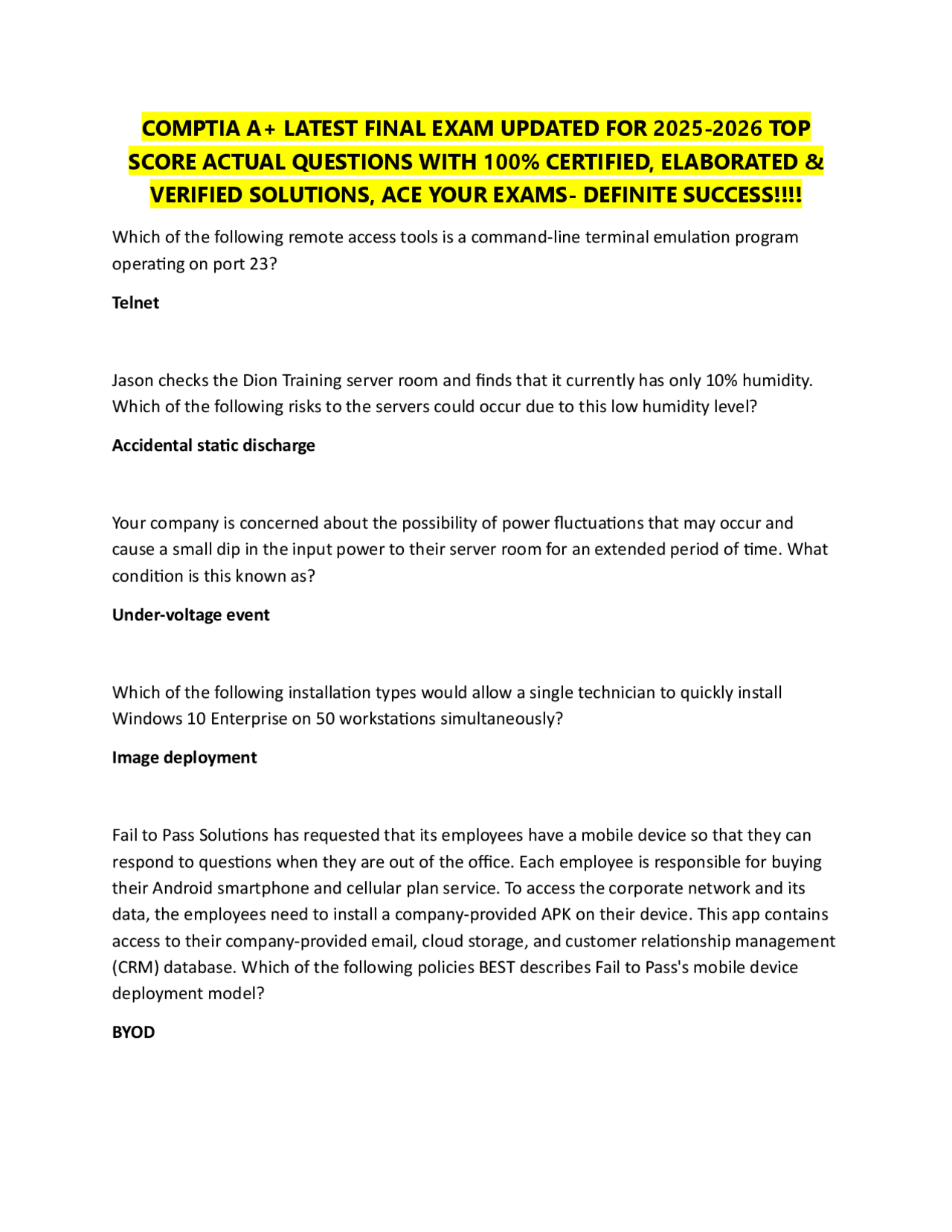 COMPTIA A+ LATEST FINAL EXAM UPDATED FOR 2025-2026 TOP SCORE ACTUAL ...