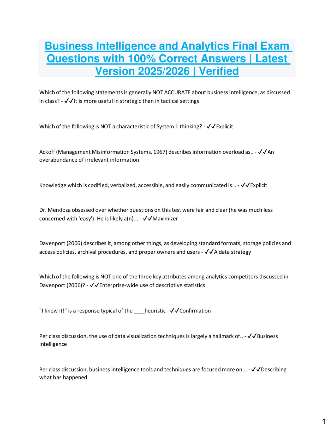 Business Intelligence and Analytics Final Exam Questions with 100% ...