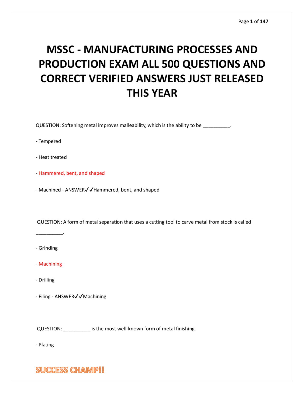 Manufacturing Processes and Production Exam: 500+ Q&A | Exams Nursing | Docsity