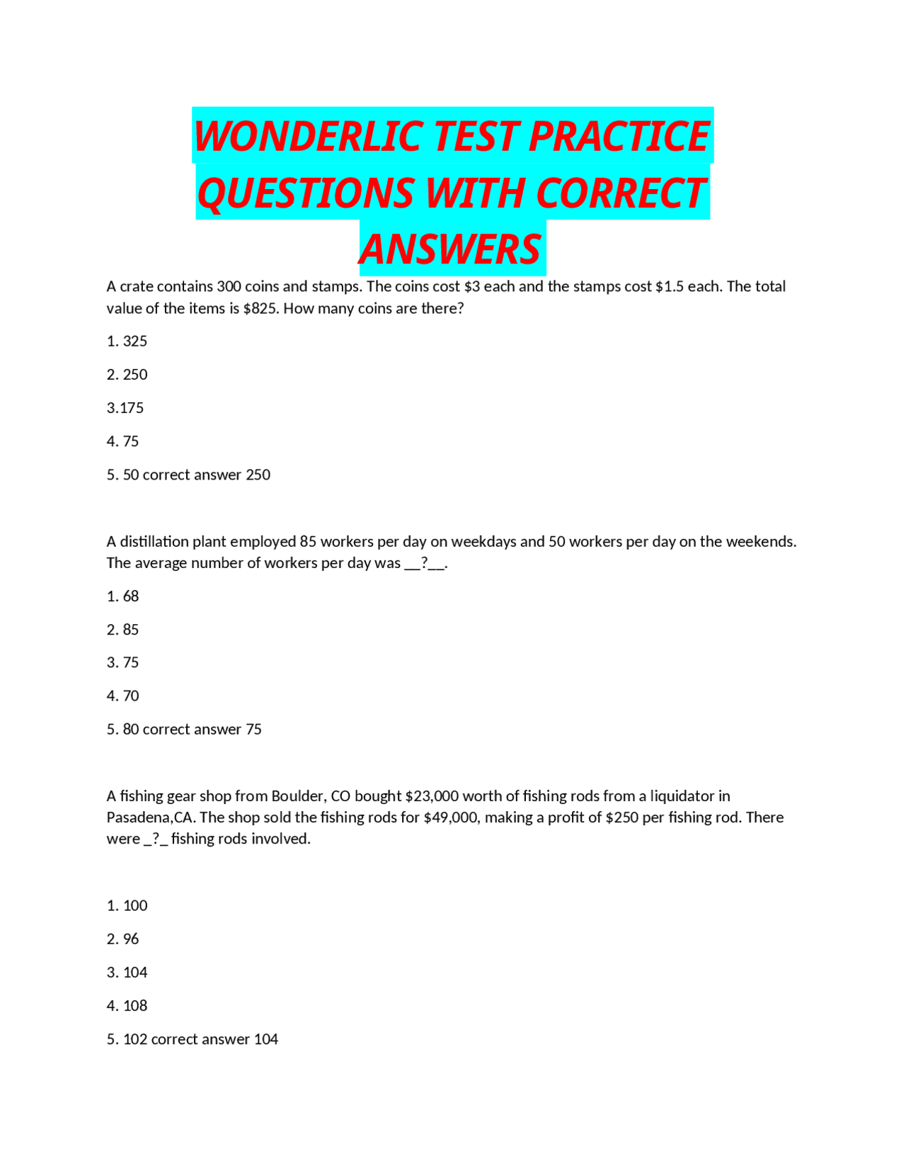 Wonderlic Test Practice Questions with Answers | Exams Mathematics ...