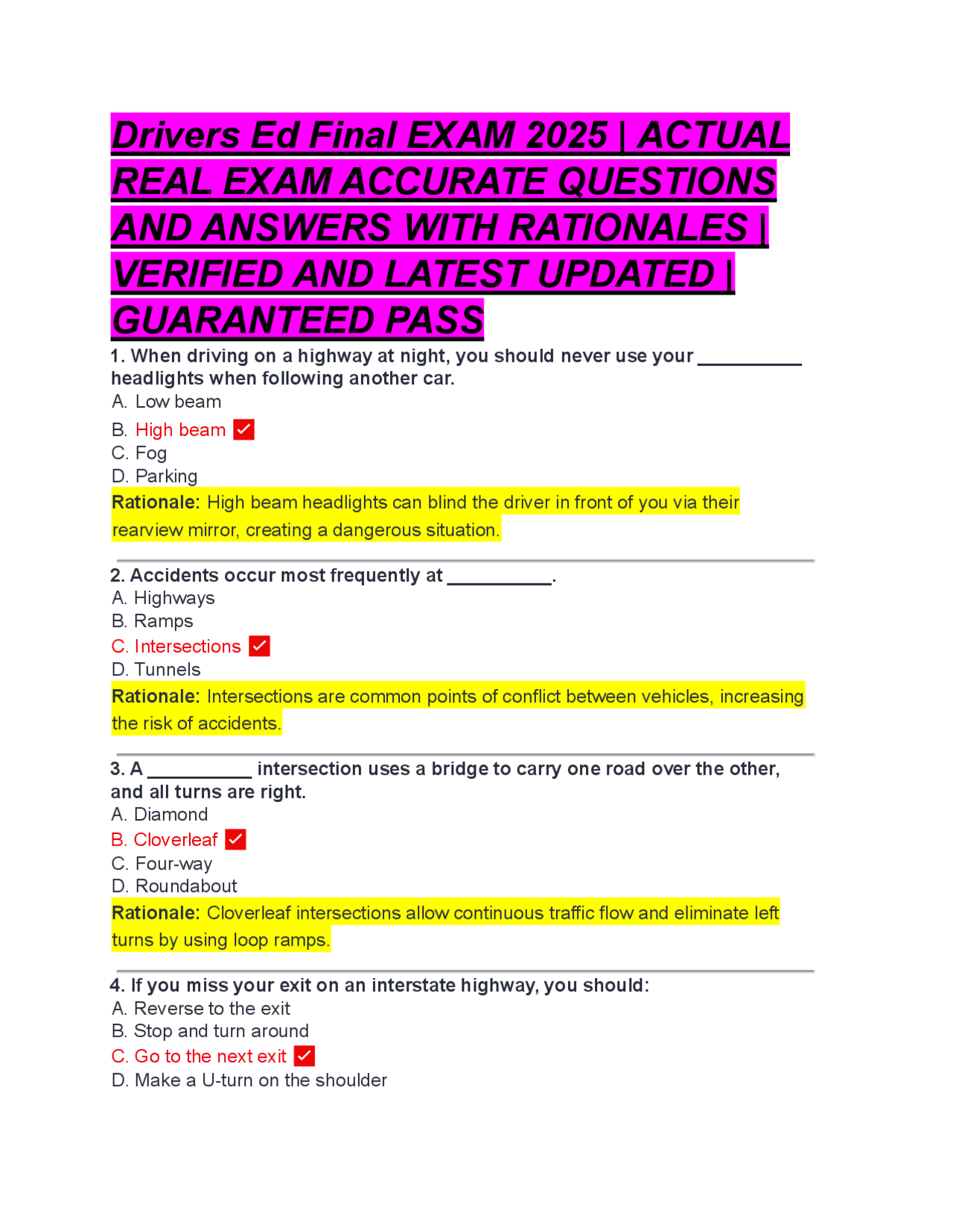 Drivers Ed Final EXAM 2025 | ACTUAL REAL EXAM ACCURATE QUESTIONS AND ...