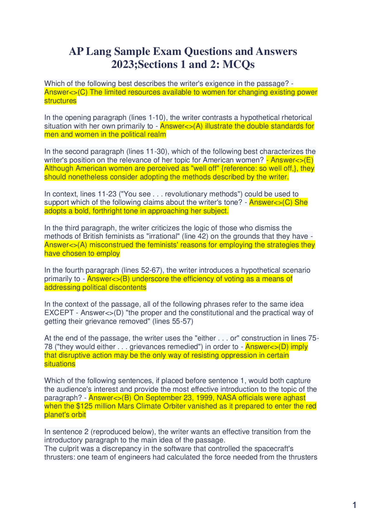 AP Lang Sample Exam Questions and Answers 2023;Sections 1 and 2: MCQs ...