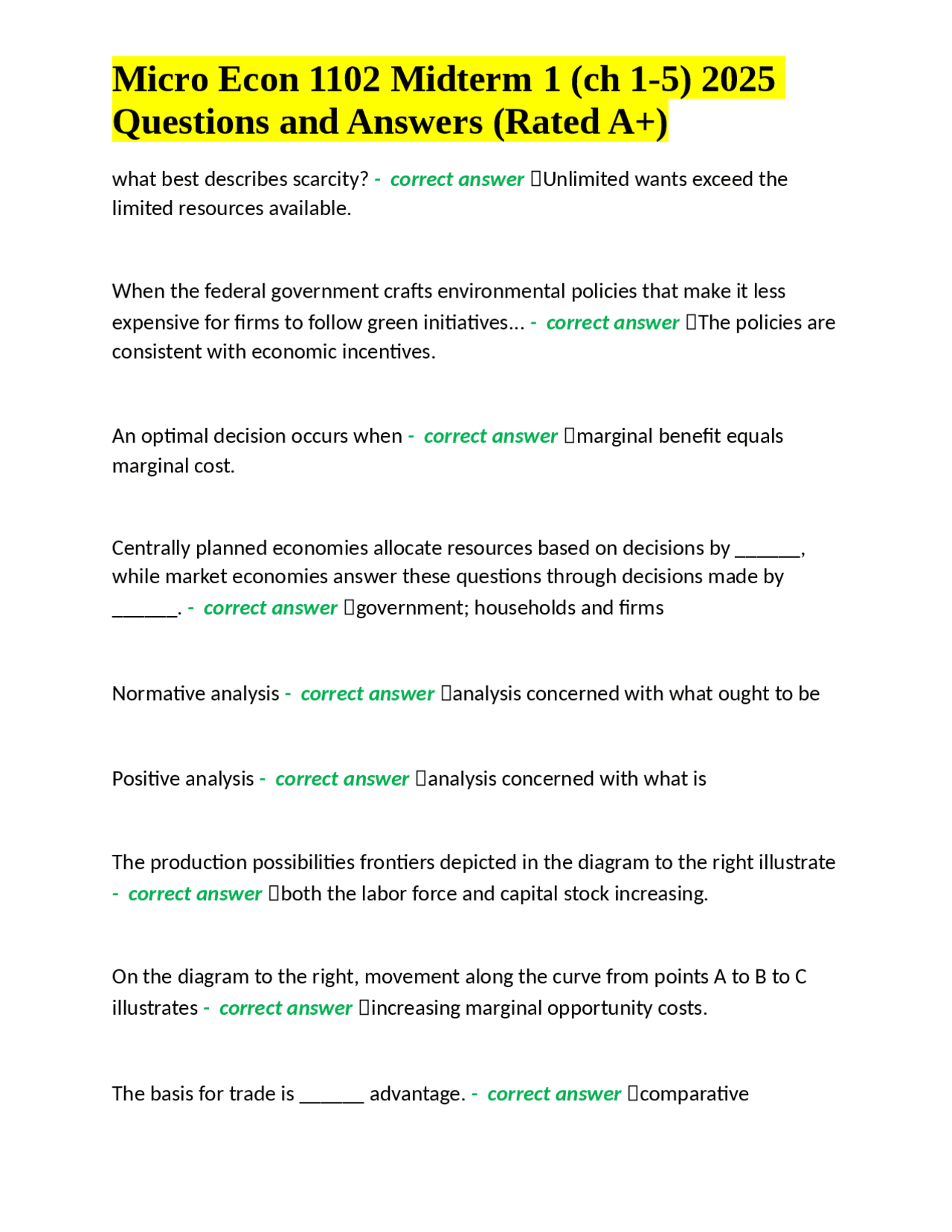 Micro Econ 1102 Midterm 1 (ch 1-5) 2025 Questions and Answers (Rated A+ ...