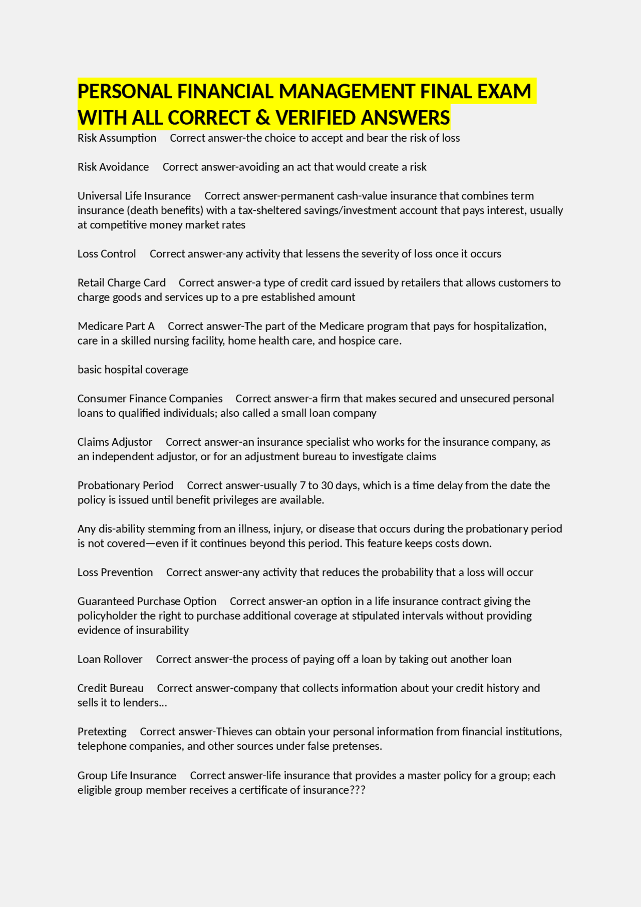 Personal Financial Management Exam: Questions and Verified Answers ...
