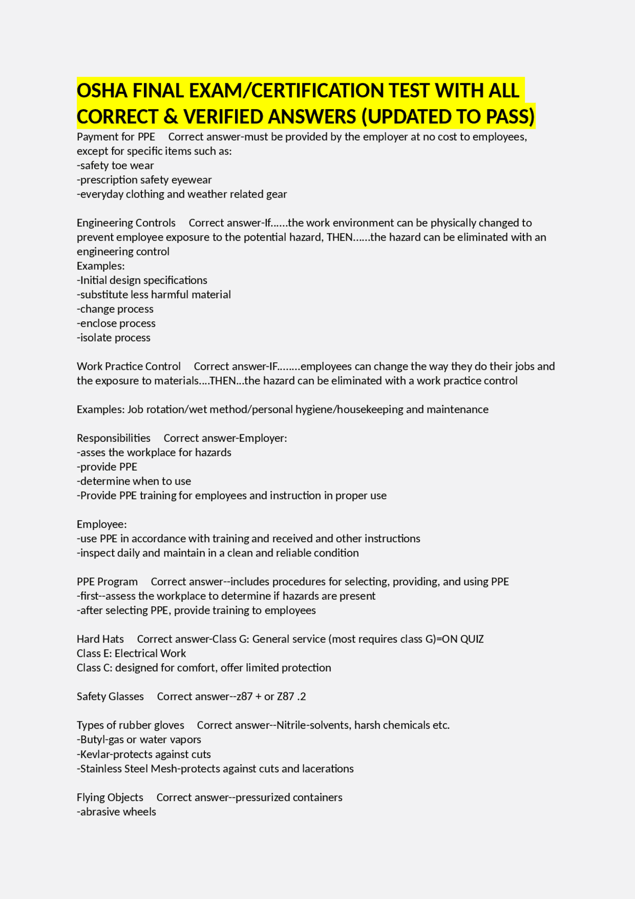 OSHA FINAL EXAM/CERTIFICATION TEST WITH ALL CORRECT & VERIFIED ANSWERS ...