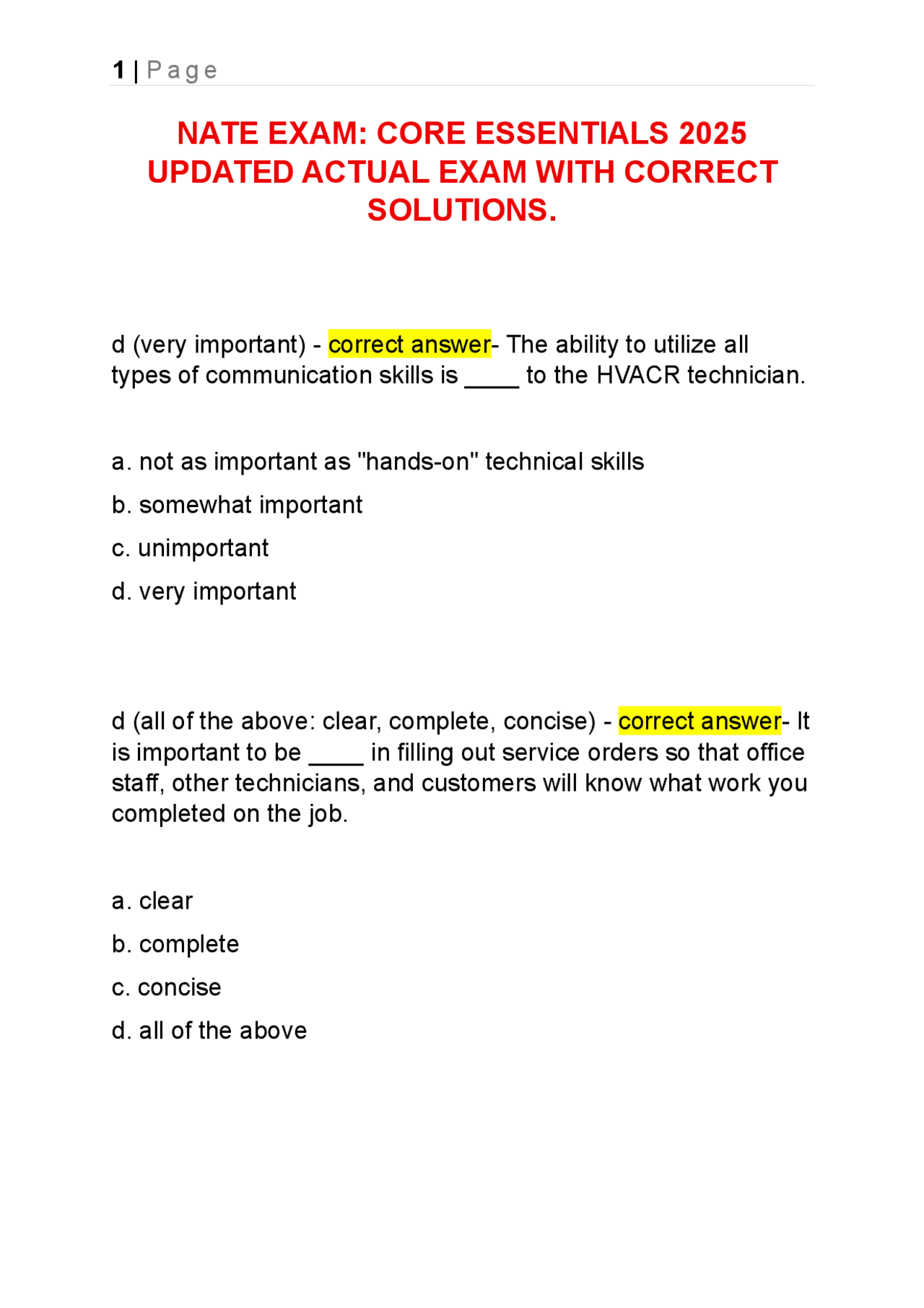 NATE EXAM: CORE ESSENTIALS 2025 UPDATED ACTUAL EXAM WITH CORRECT ...