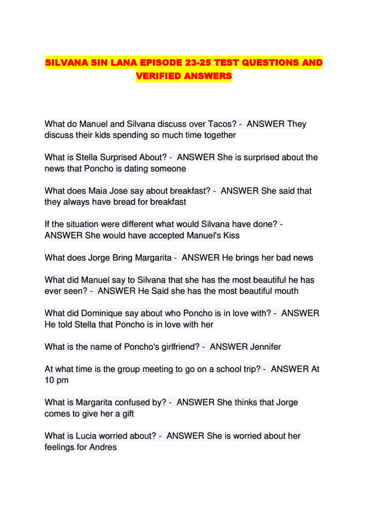 Silvana Sin Lana Episodes 23-25: Comprehension Questions and Answers ...