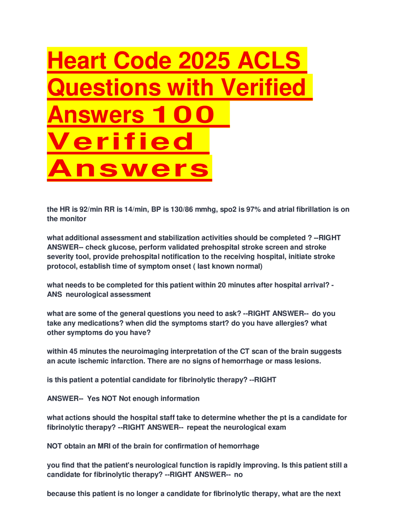 Heart Code 2025 ACLS Questions with Verified Answers 100 Verified ...