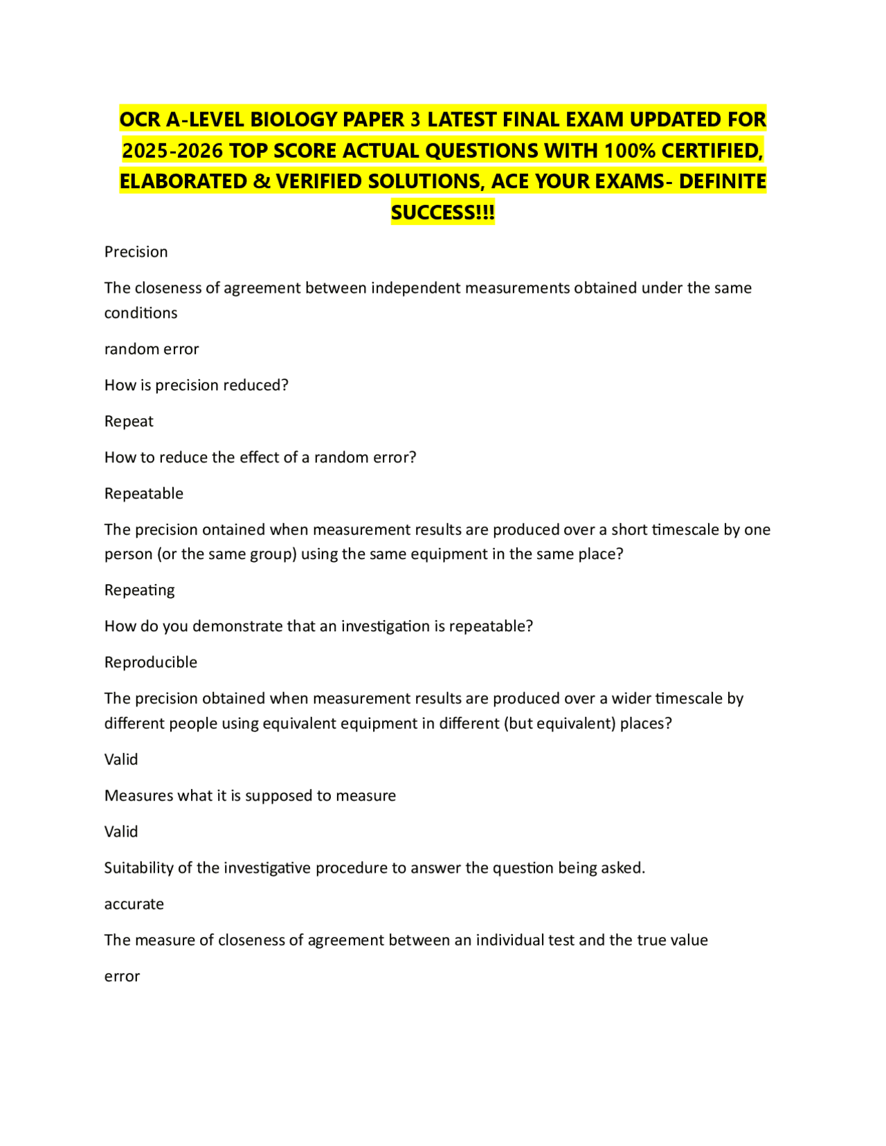 OCR A-LEVEL BIOLOGY PAPER 3 LATEST FINAL EXAM UPDATED FOR 2025-2026 TOP ...