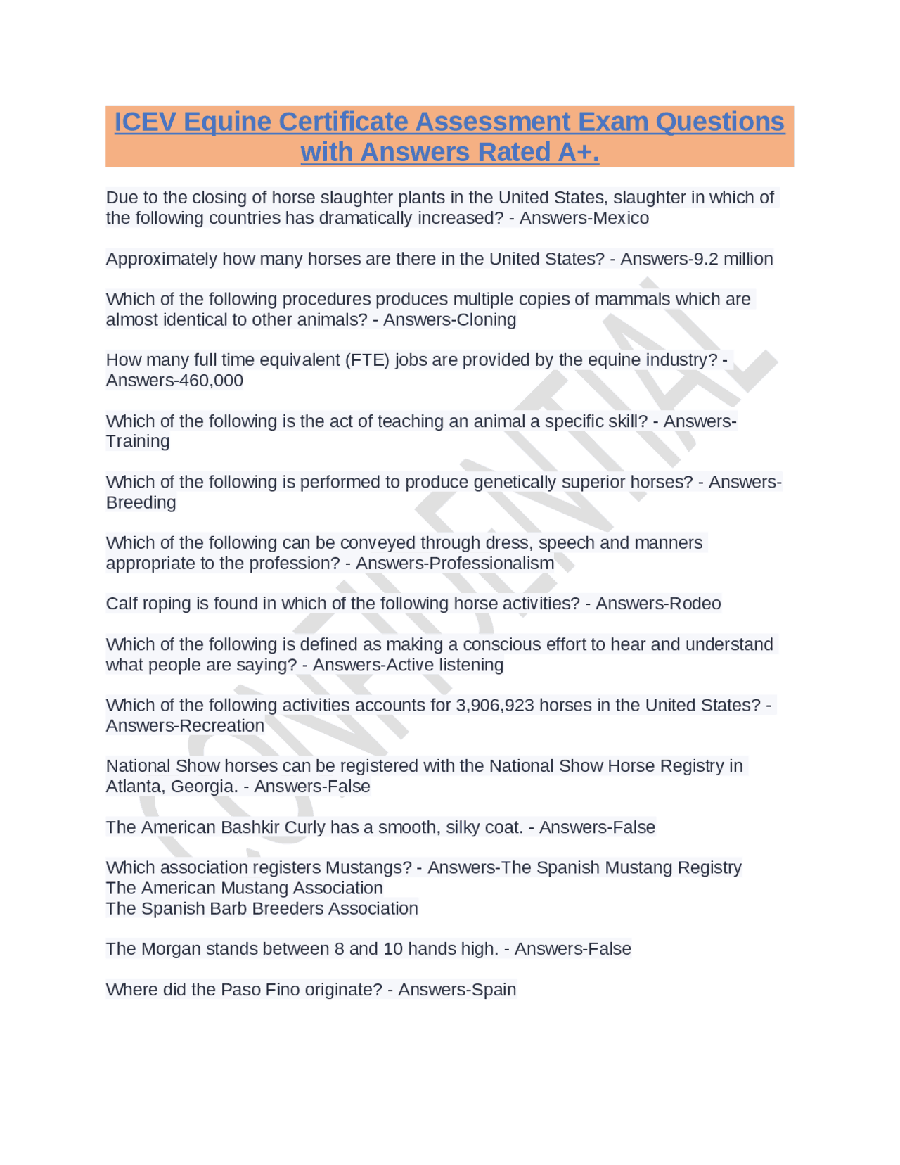 ICEV Equine Certificate Assessment Exam Questions with Answers Rated A+ ...