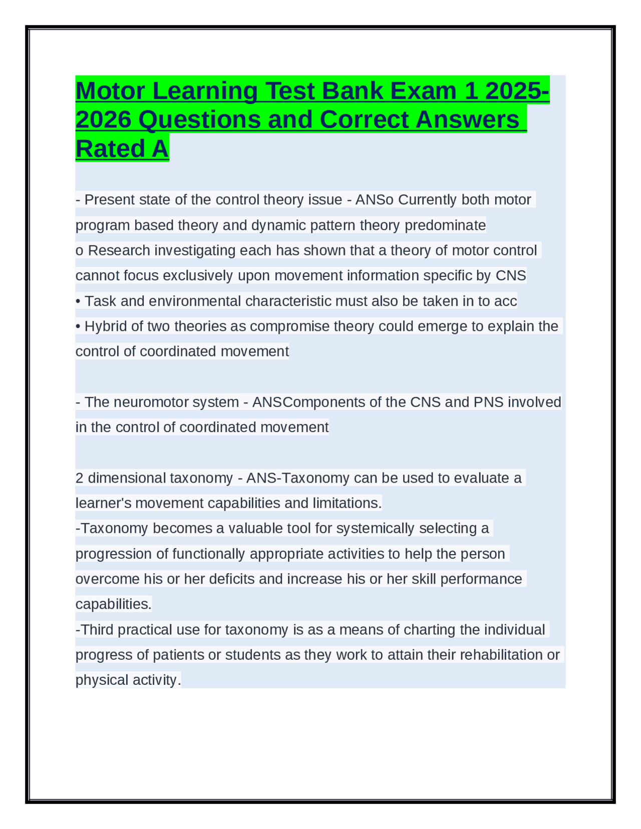 Motor Learning Test Bank Exam 1 2025-2026 Questions and Answers | Exams ...