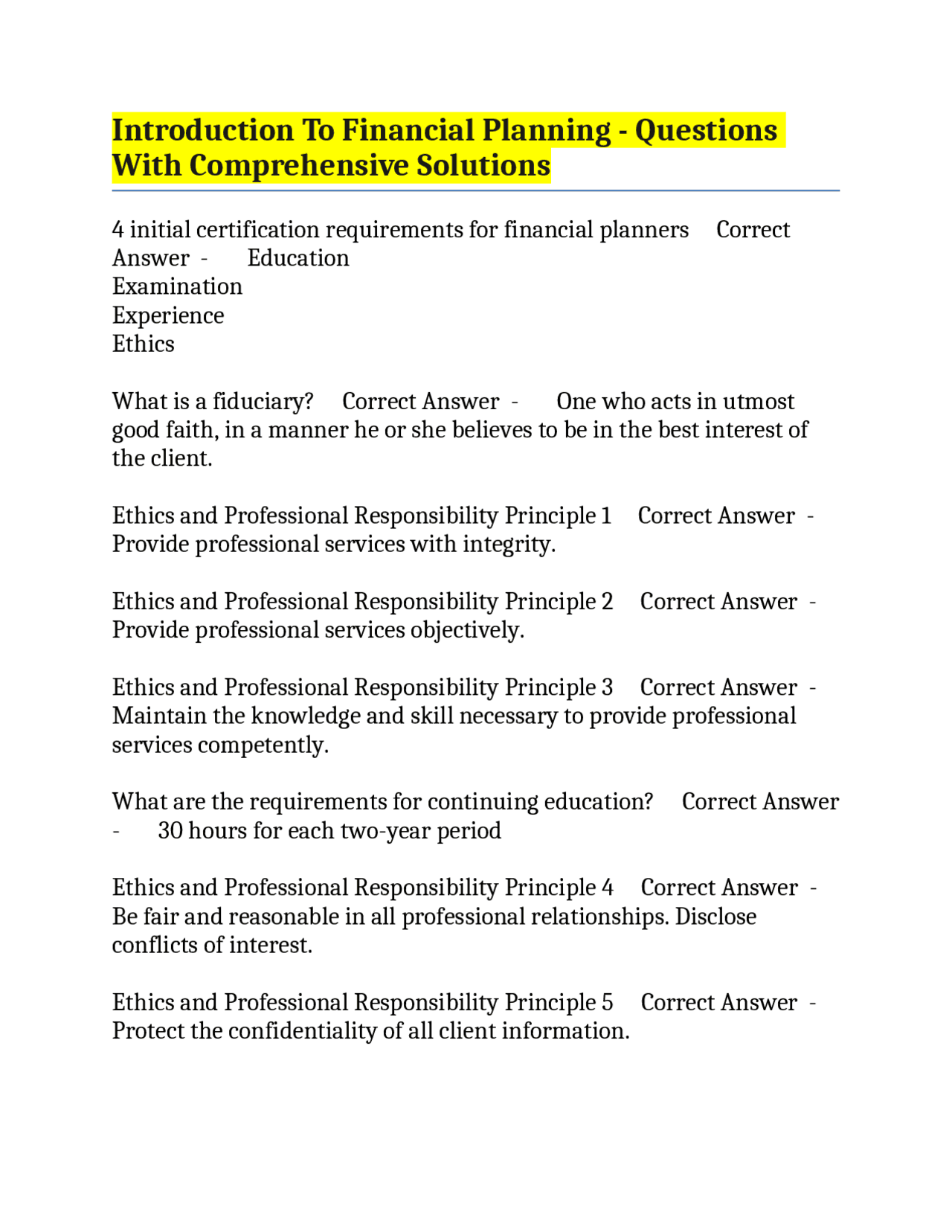 Financial Planning Essentials: Q&A with Solutions | Exams Nursing | Docsity