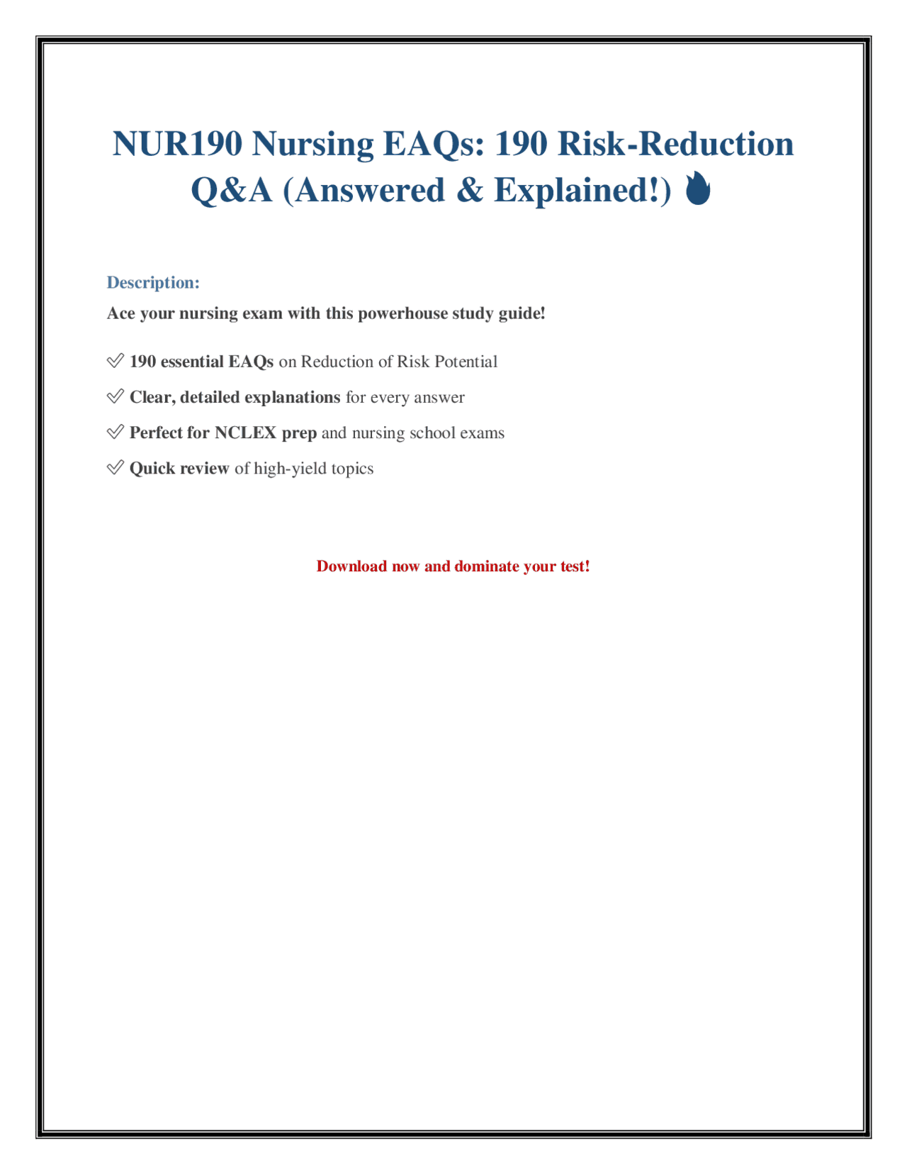 NUR190 Nursing EAQs: 190 Risk-Reduction Practice Questions (Answered ...