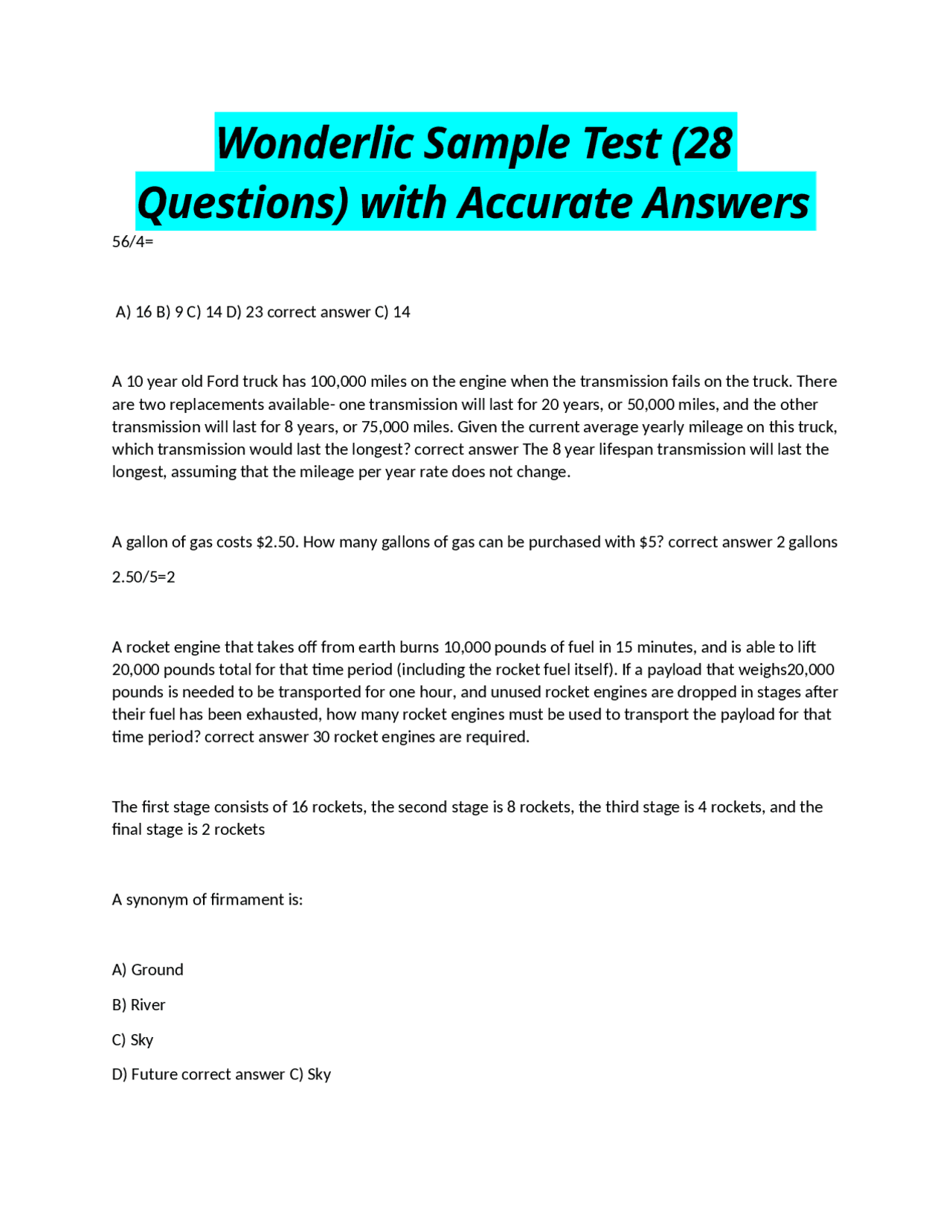 Wonderlic Sample Test (28 Questions) with Accurate Answers | Exams ...