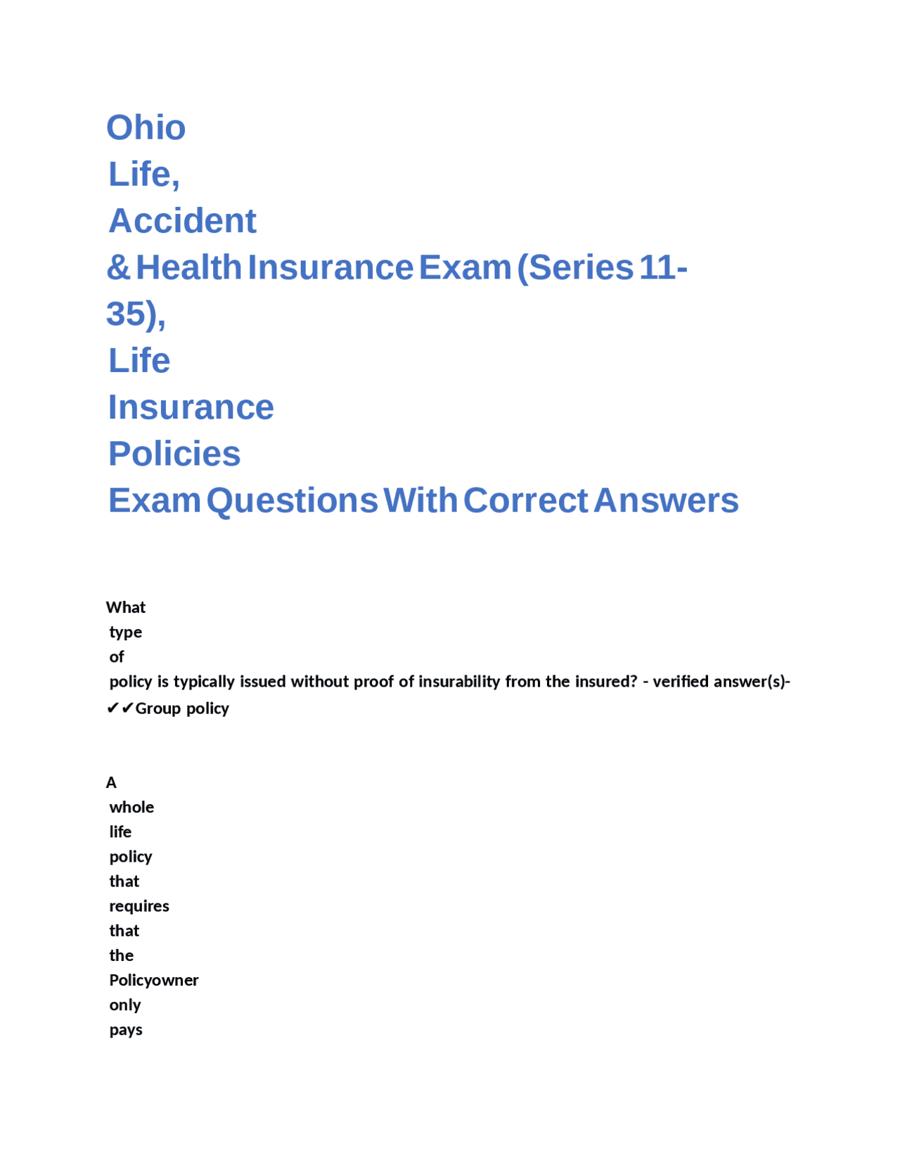 Ohio Life, Accident & Health Insurance Exam (Series 11-35), Life ...