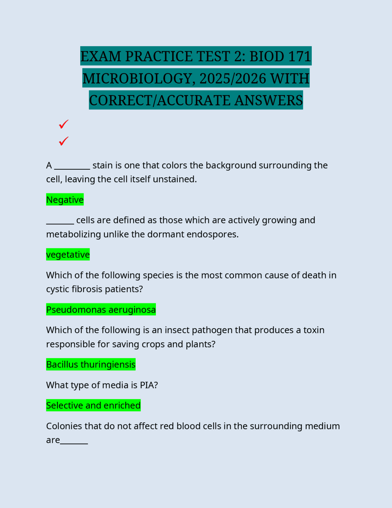 EXAM PRACTICE TEST 2: BIOD 171 MICROBIOLOGY, 2025/2026 WITH CORRECT ...