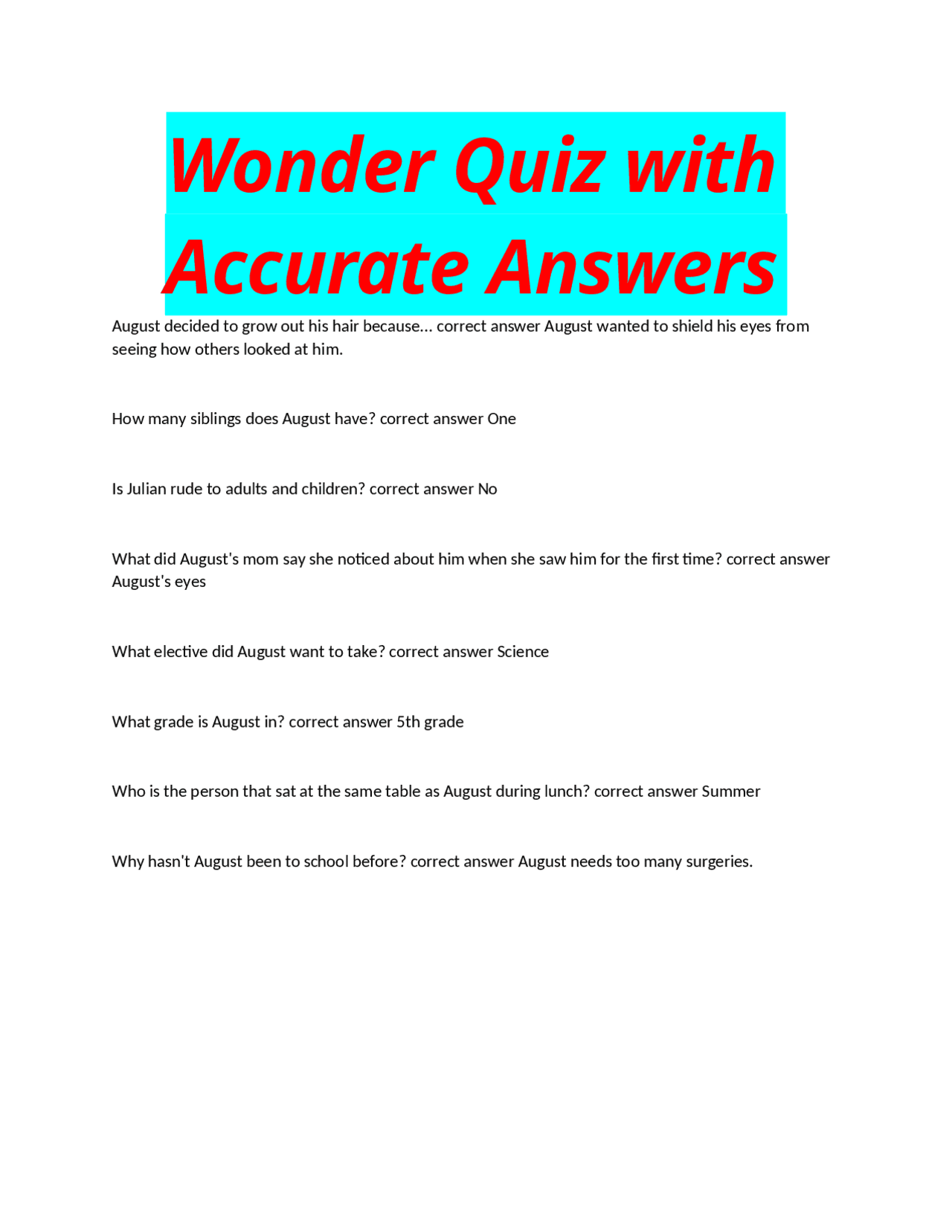 Wonder Quiz with Accurate Answers | Exams Mathematics | Docsity