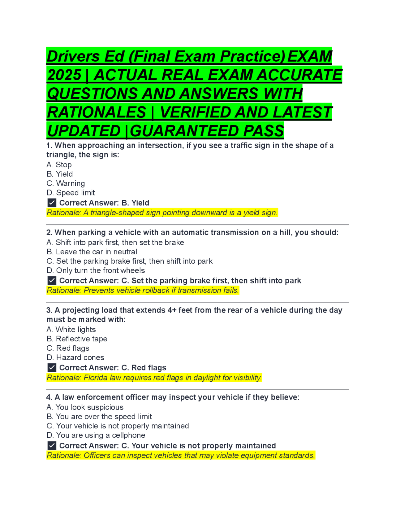 Drivers Ed (Final Exam Practice) EXAM 2025 | ACTUAL REAL EXAM ACCURATE ...