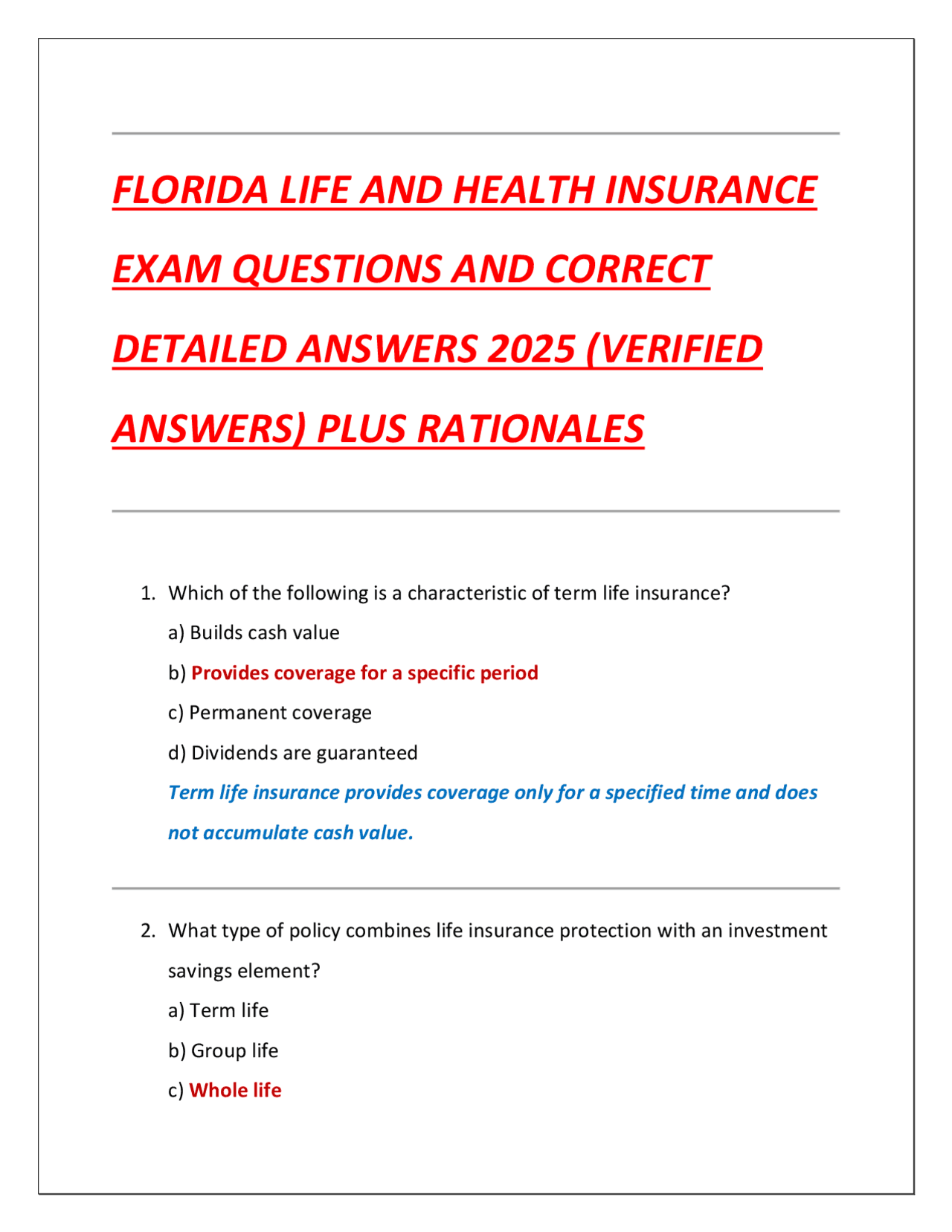 FLORIDA LIFE AND HEALTH INSURANCE EXAM QUESTIONS AND CORRECT DETAILED ...