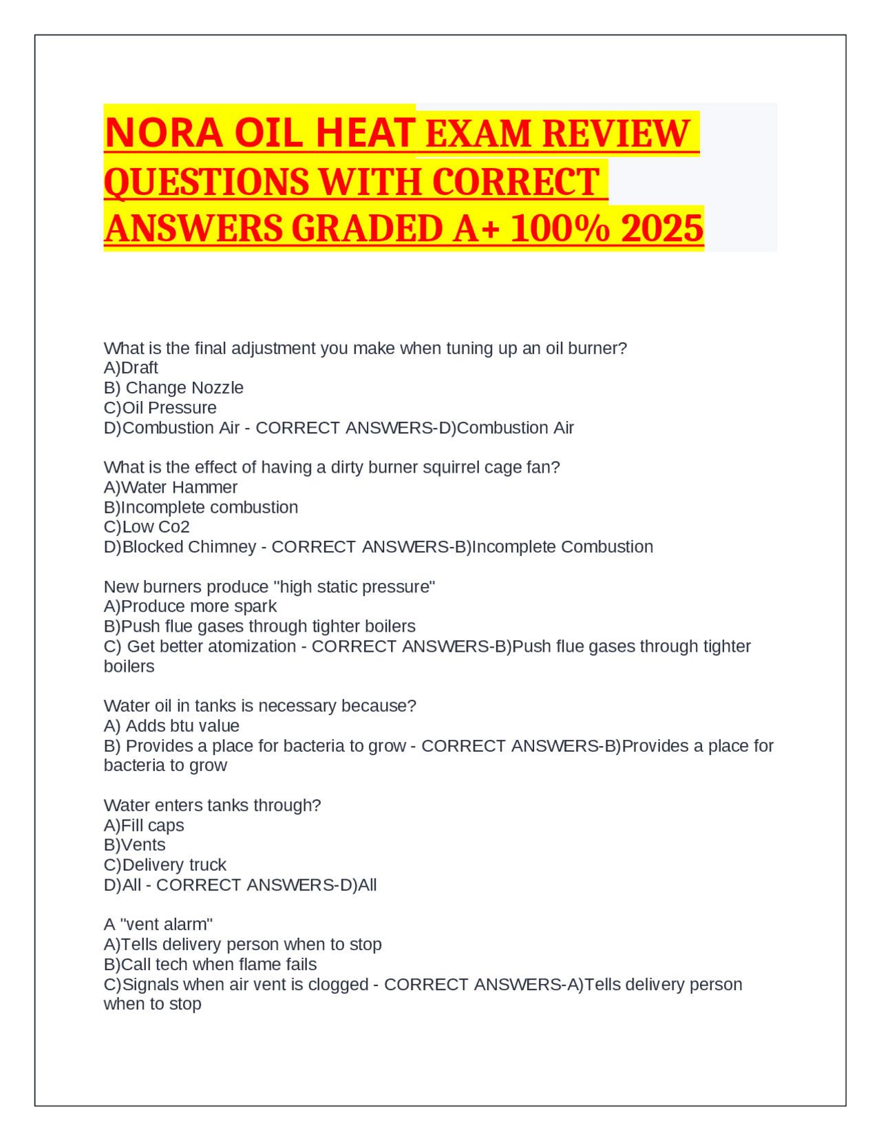 NORA OIL HEAT EXAM REVIEW QUESTIONS WITH CORRECT ANSWERS GRADED A+ 100% ...