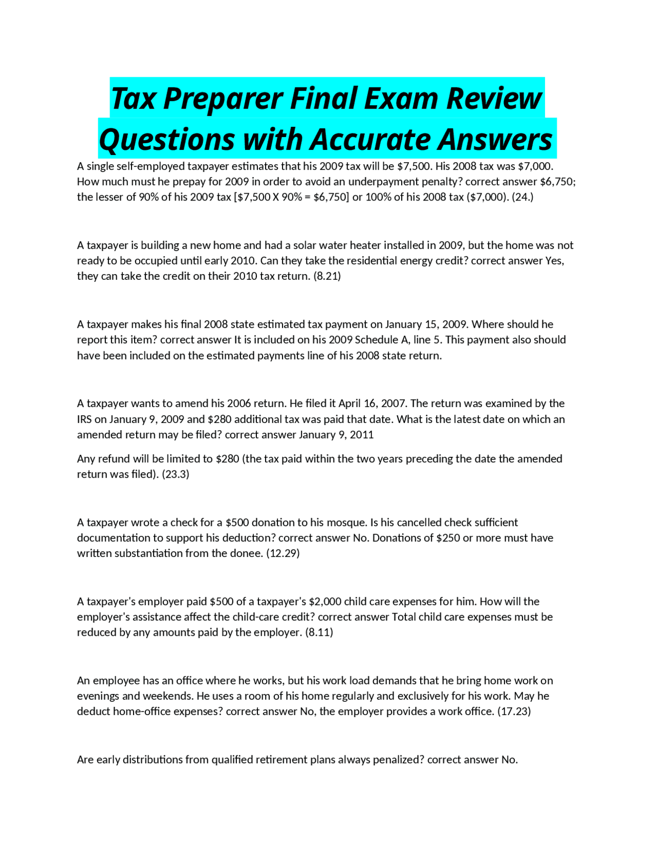 Tax Preparer Exam Review: Questions and Answers | Exams Biology | Docsity