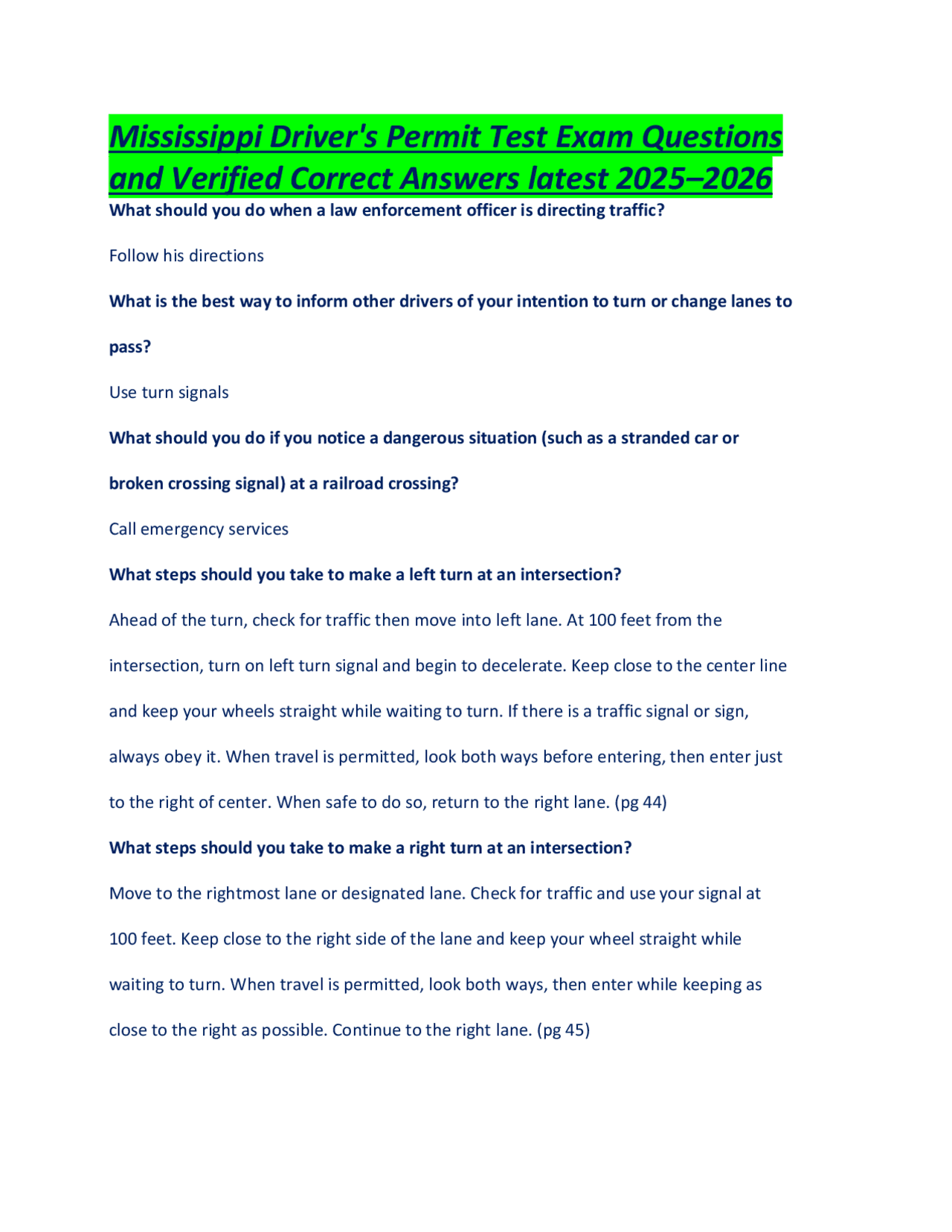 Mississippi Driver's Permit Test Exam Questions and Verified Correct ...