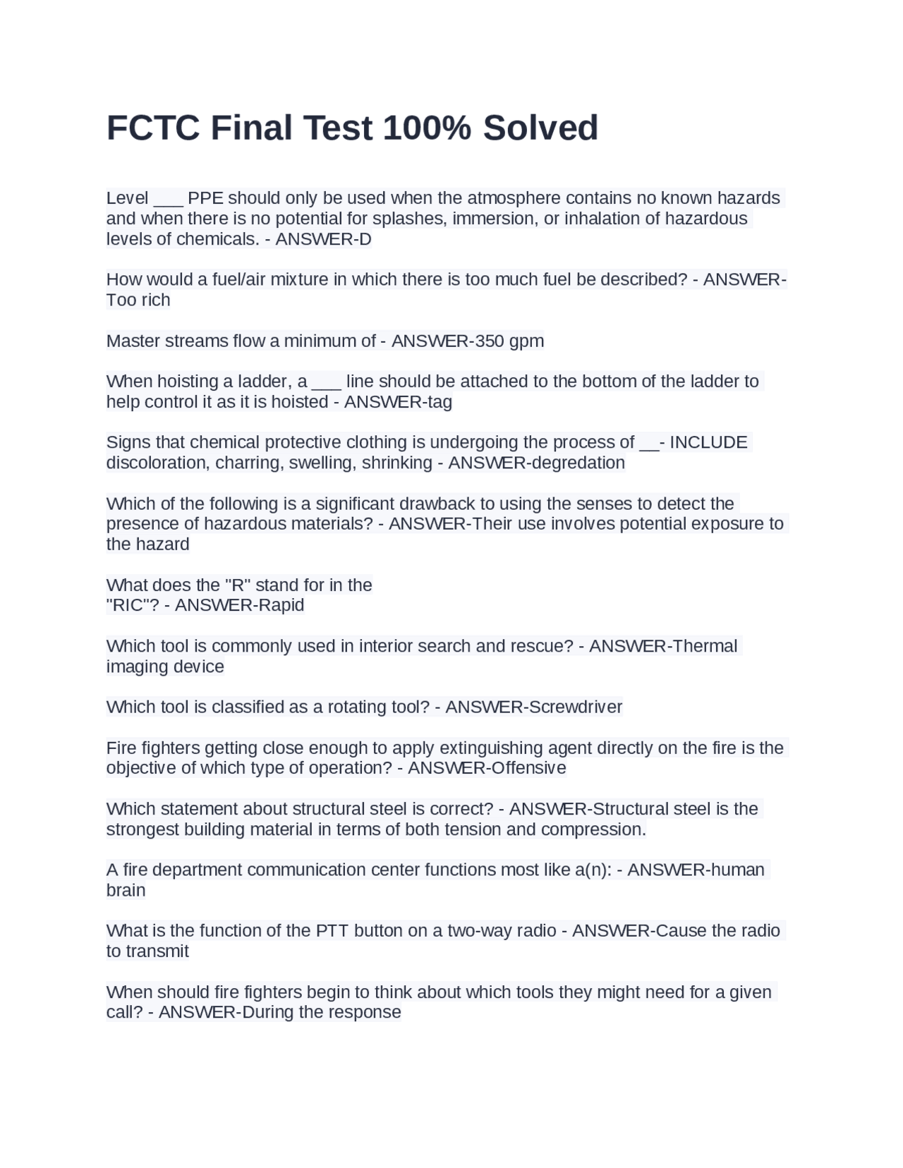 FCTC Final Test 100% Solved | Exams Physics | Docsity