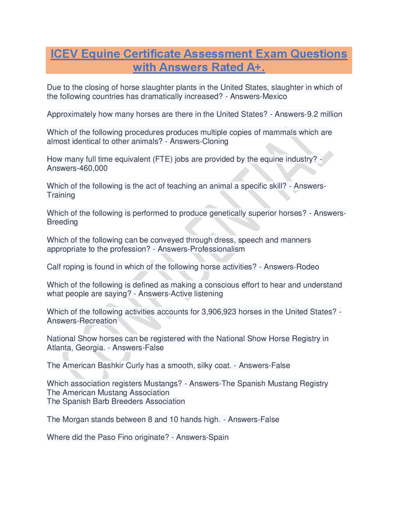 ICEV Equine Certificate Assessment Exam Questions with Answers Rated A+ ...