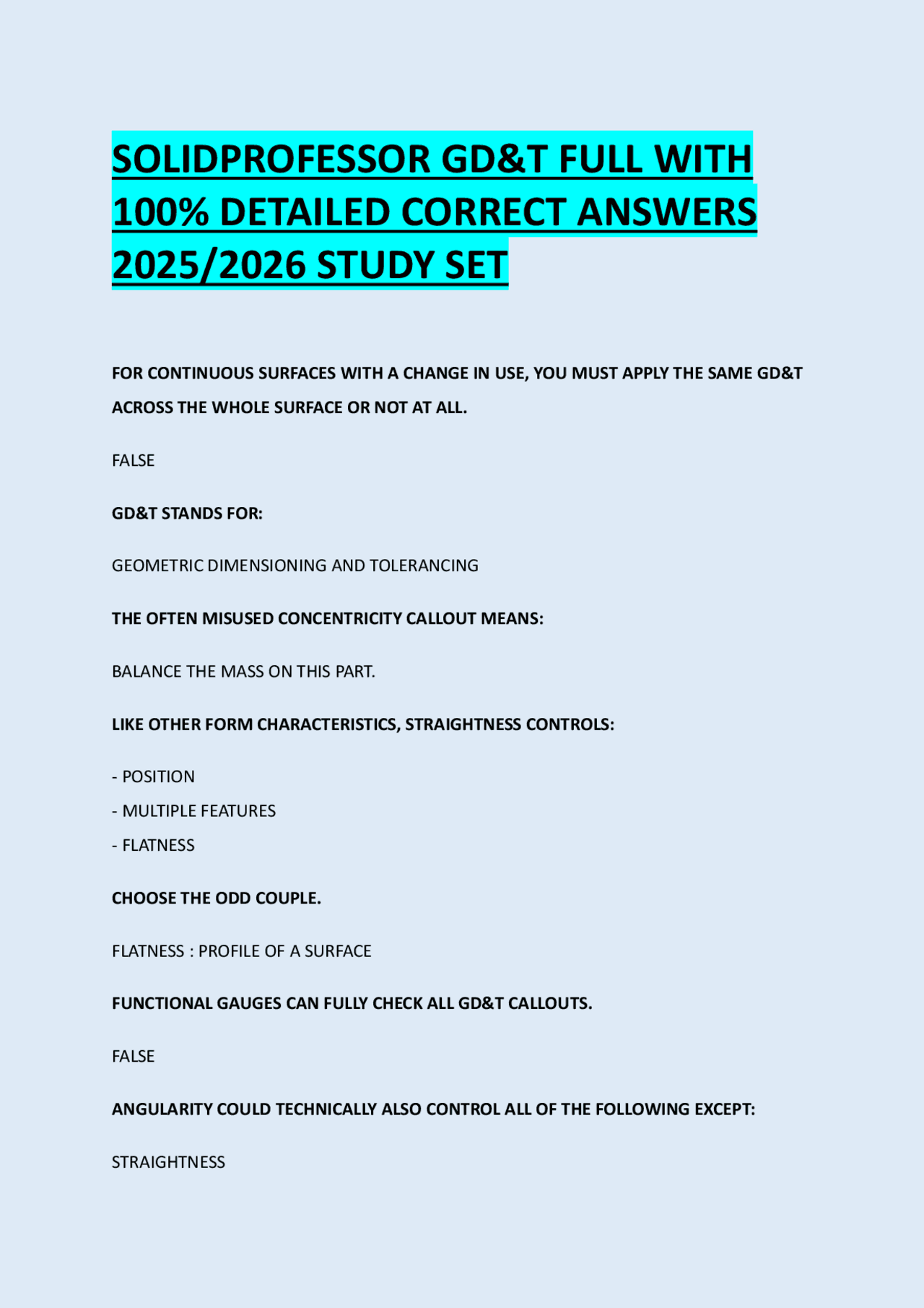 SOLIDPROFESSOR GD&T FULL WITH 100% DETAILED CORRECT ANSWERS 2025/2026 ...