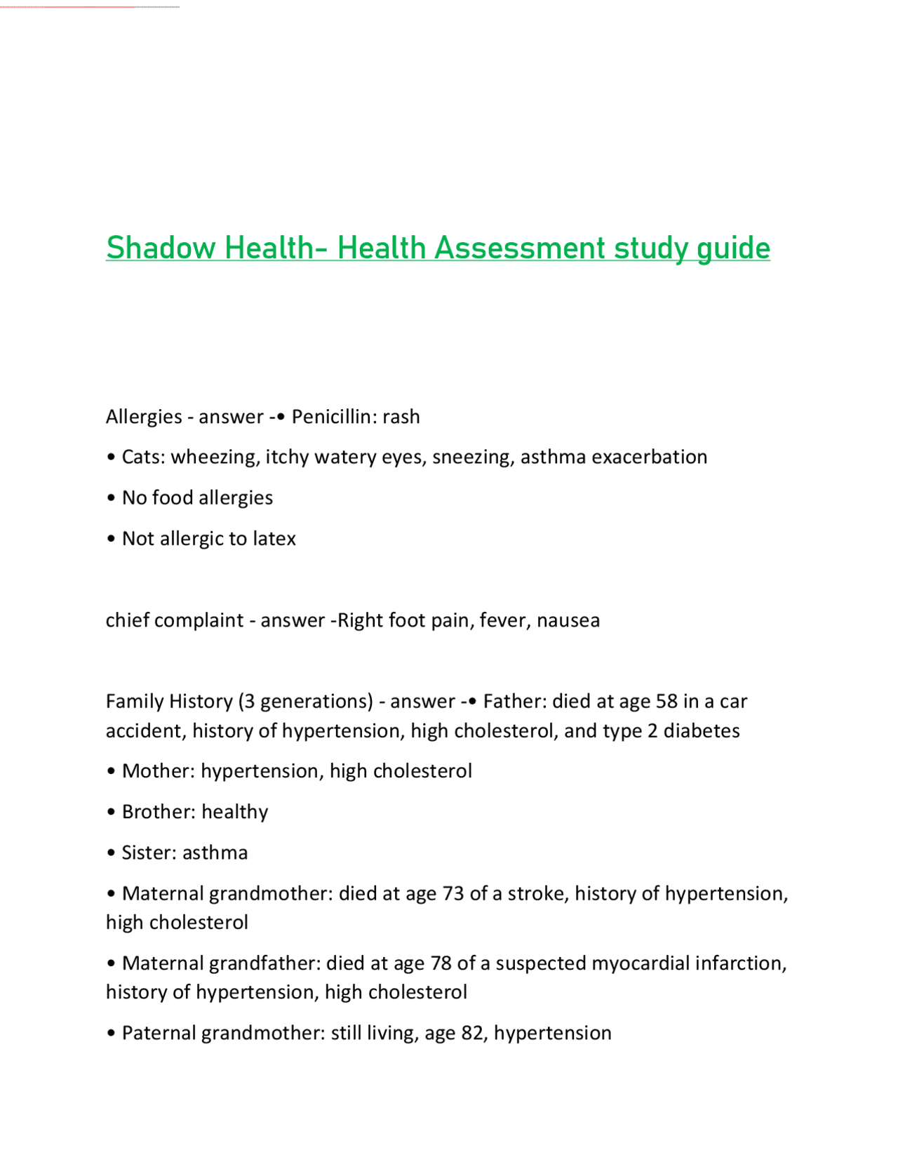 Shadow Health- Health Assessment study guide.pdf | Exams Nursing | Docsity