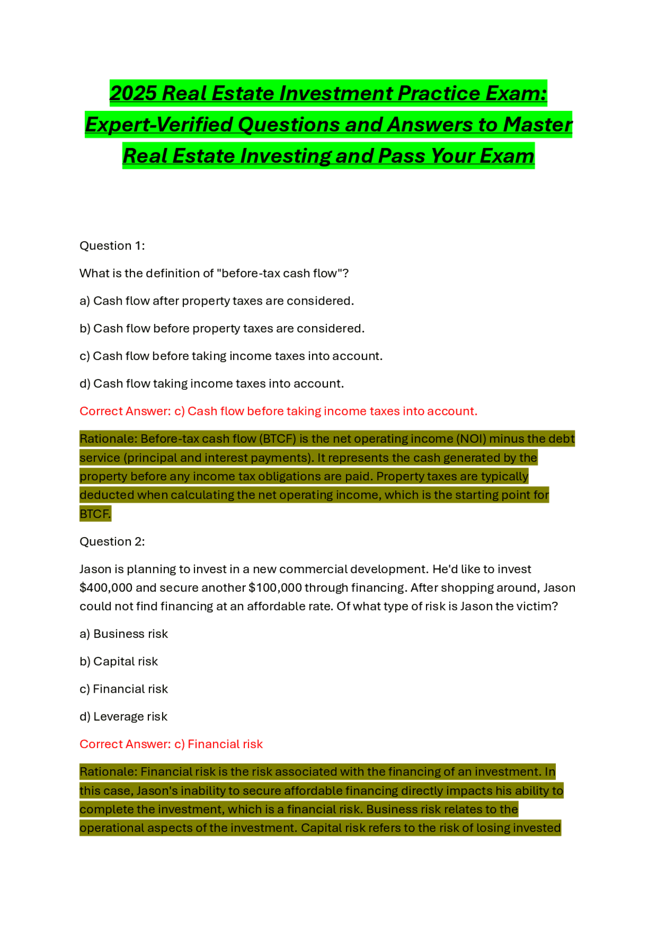 2025 Real Estate Investment Practice Exam: Expert-Verified Questions ...